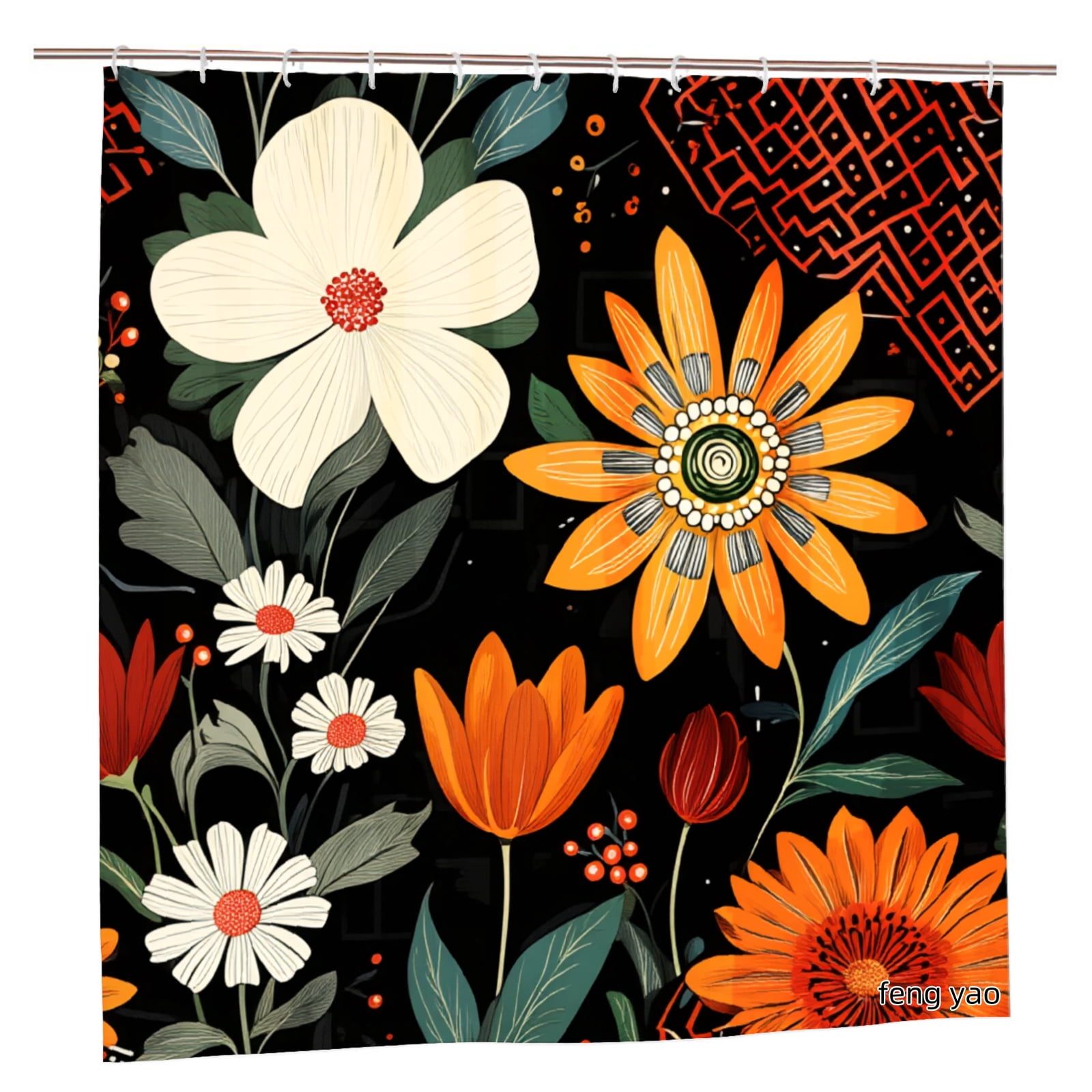 Amarainy Polyester Shower Curtain Floral Pattern Black Background ...