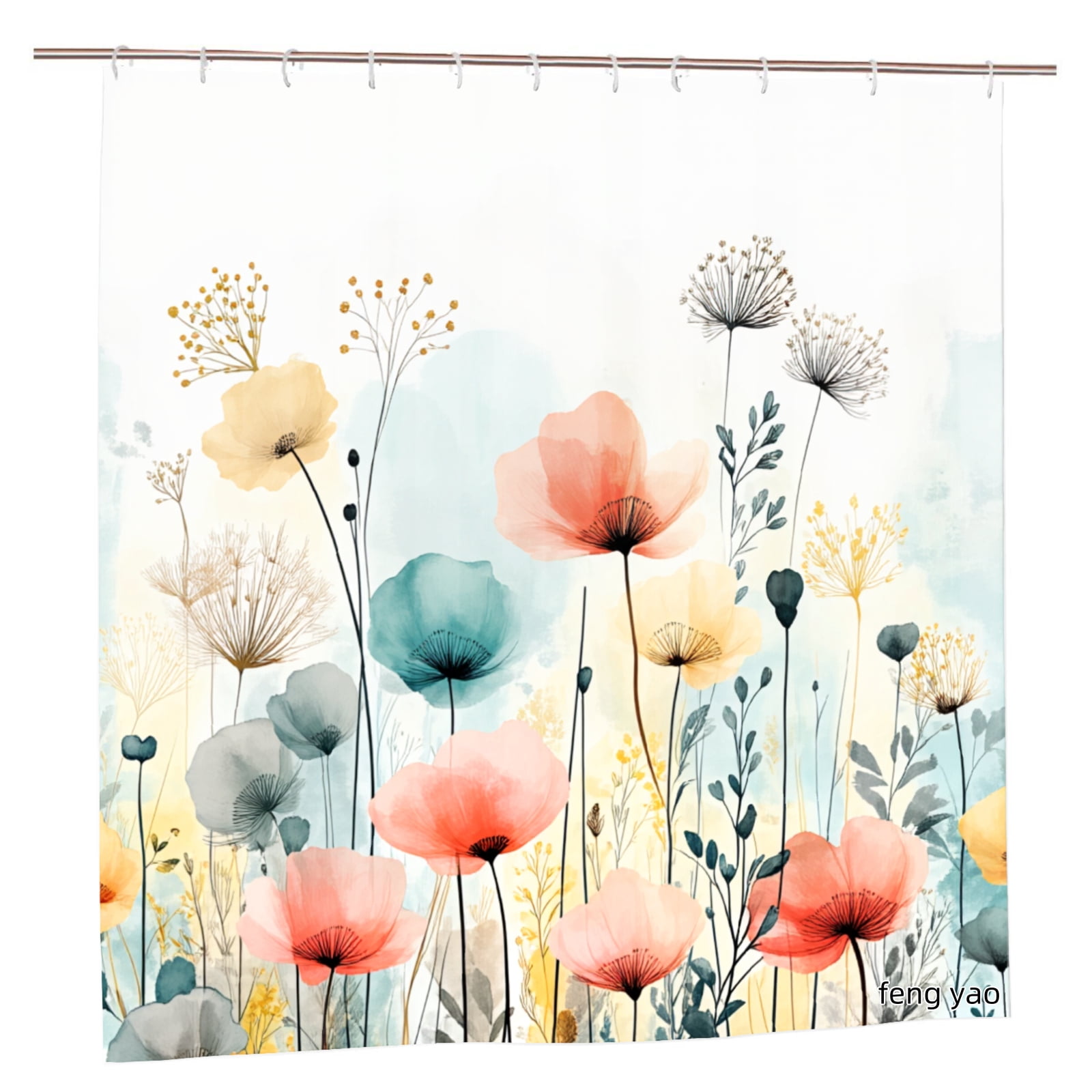 Amarainy Polyester Shower Curtain Floral Watercolor Poppy Design For ...