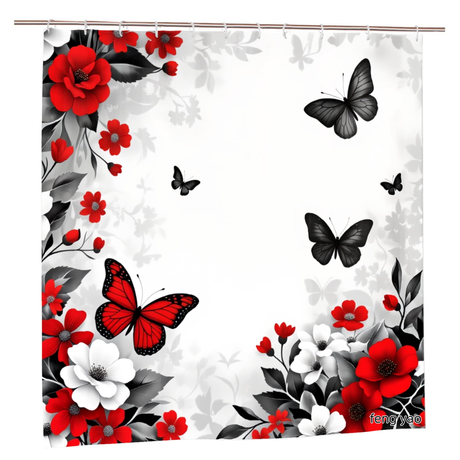 Amarainy Polyester Shower Curtain Red Black White Flowers Butterflies ...
