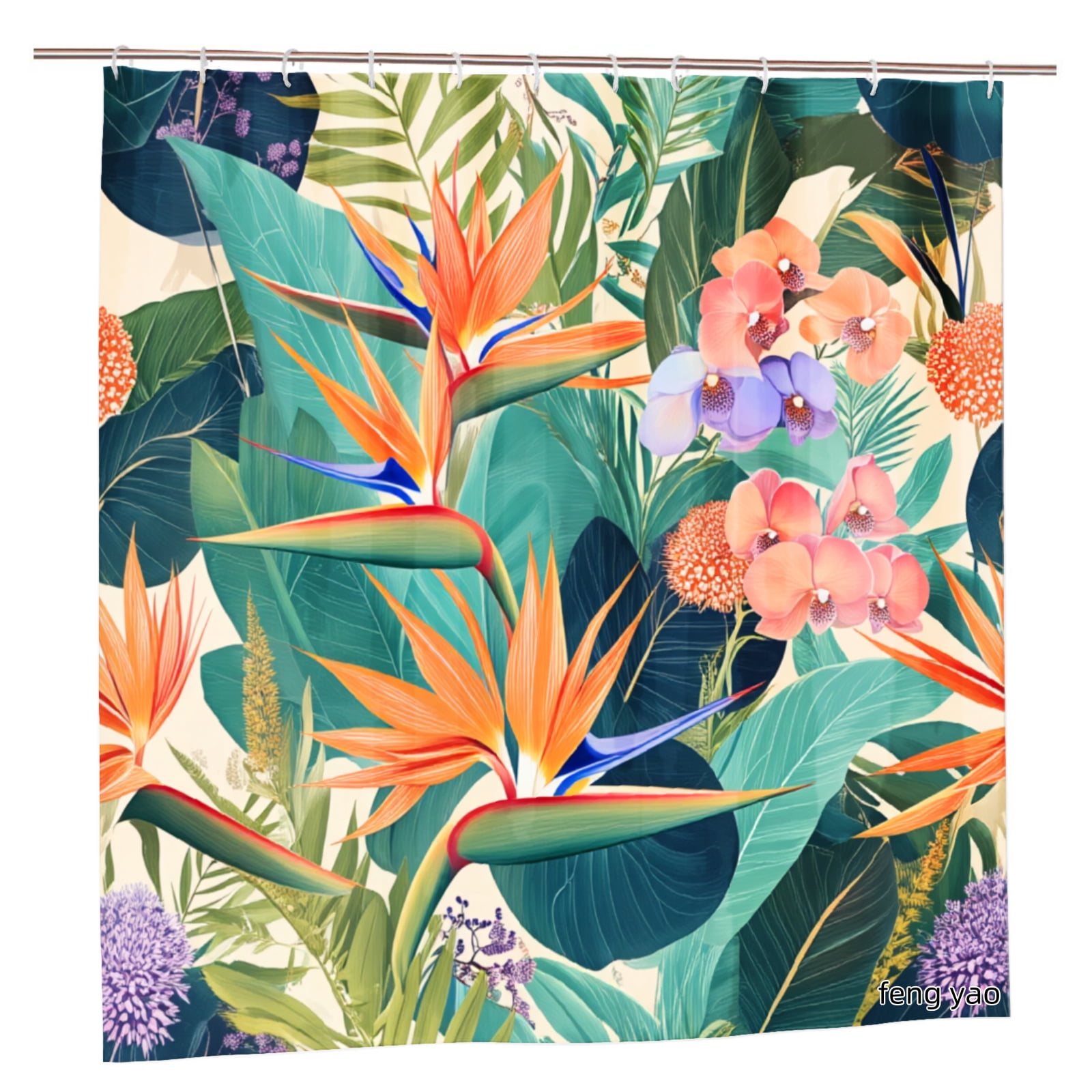 Amarainy Polyester Shower Curtain Tropical Floral Design With Bird Of ...