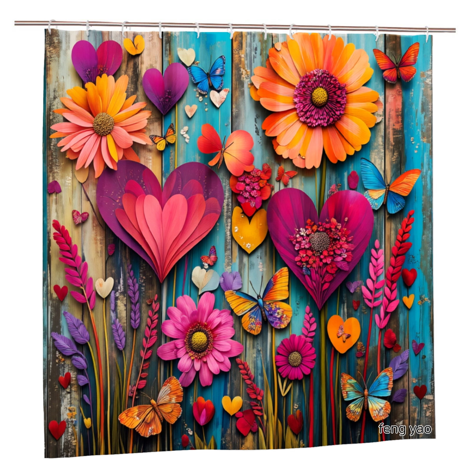 Amarainy Polyester Shower Curtain With Colorful Flowers Hearts And ...