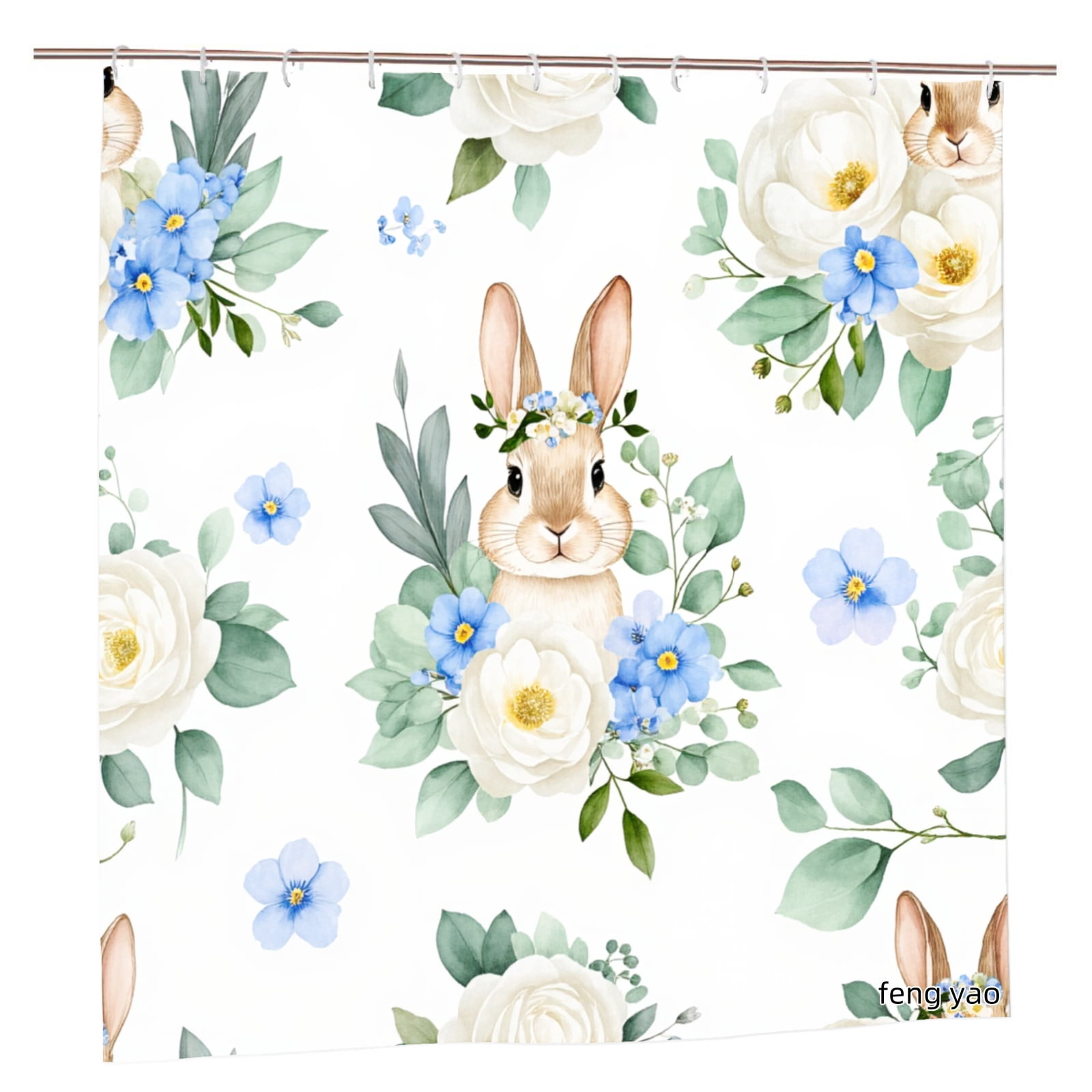 Amarainy Polyester Shower Curtain With Cute Rabbit And Floral Design ...