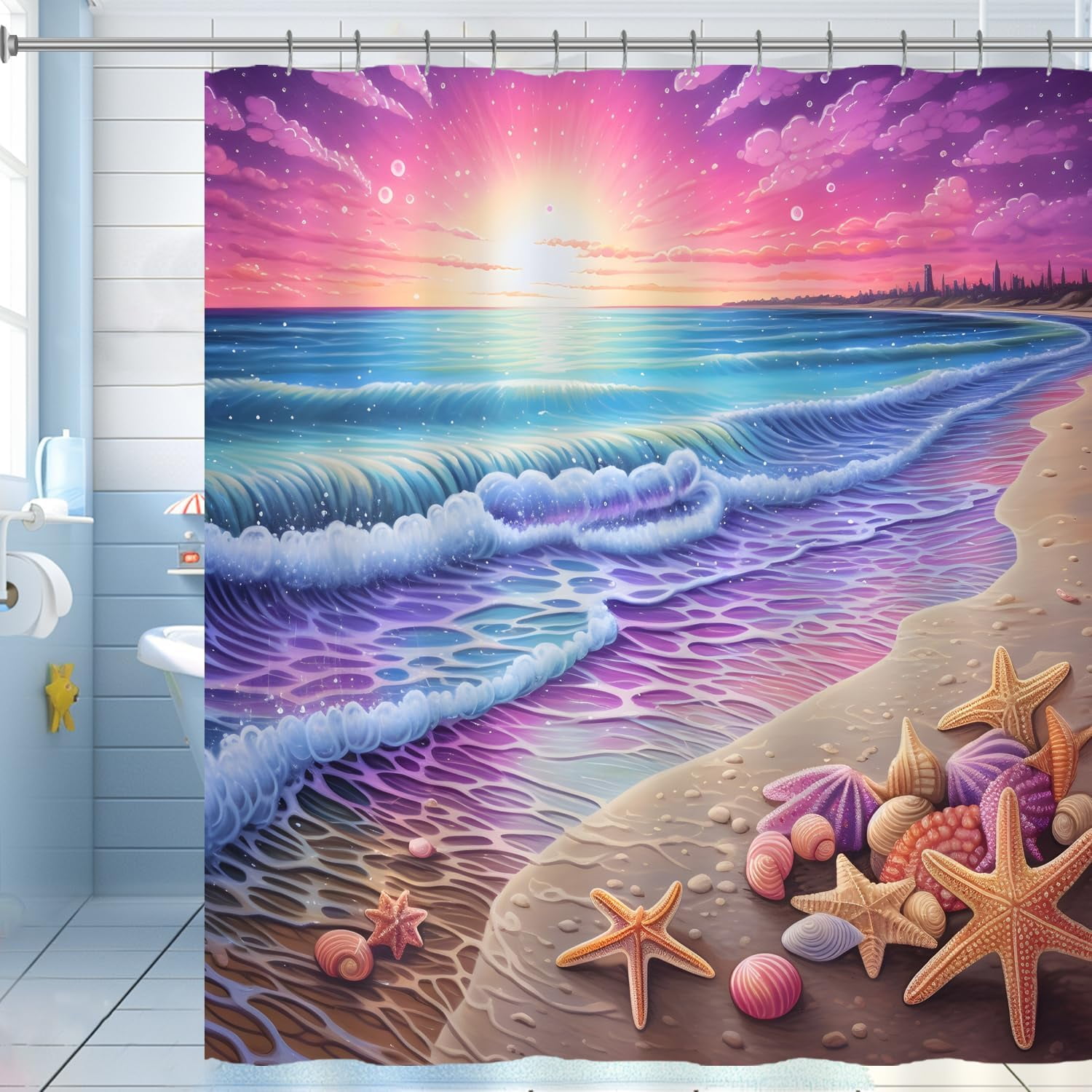 Amarainy Purple Sunrise Beach Shower Curtain Coastal Seashell Ocean ...