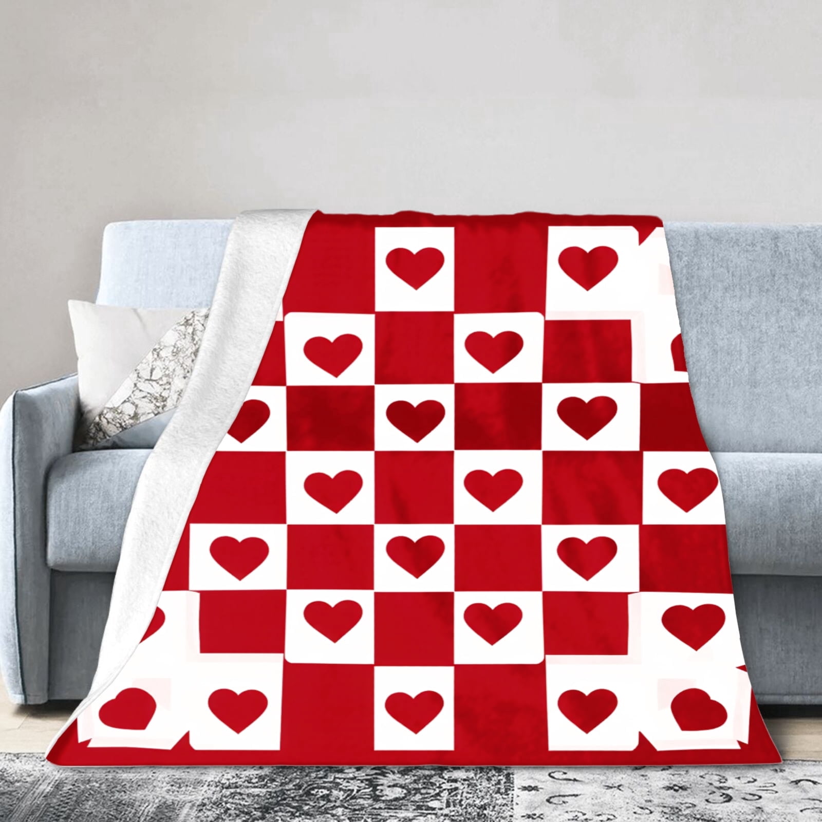 Amarainy Red And White Heart Checkered Flannel Throw Blanket For Winter ...