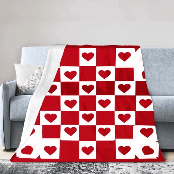 Amarainy Red And White Heart Checkered Flannel Throw Blanket For Winter ...
