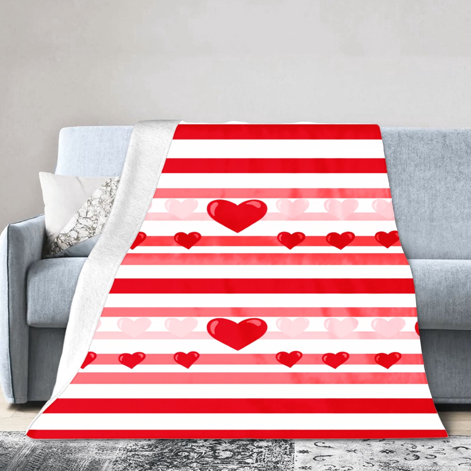 Amarainy Red And White Striped Heart Pattern Flannel Throw Blanket For ...