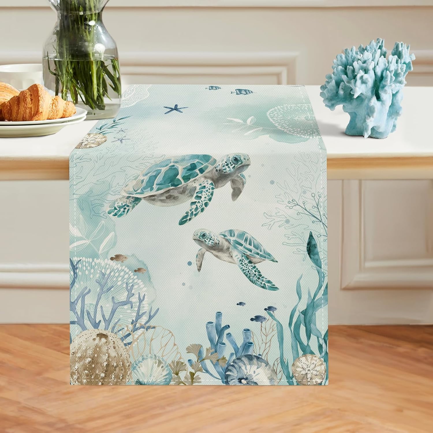 Amarainy Sea Turtle Table Runner 13x72 Inch Nautical Coastal Teal Blue ...