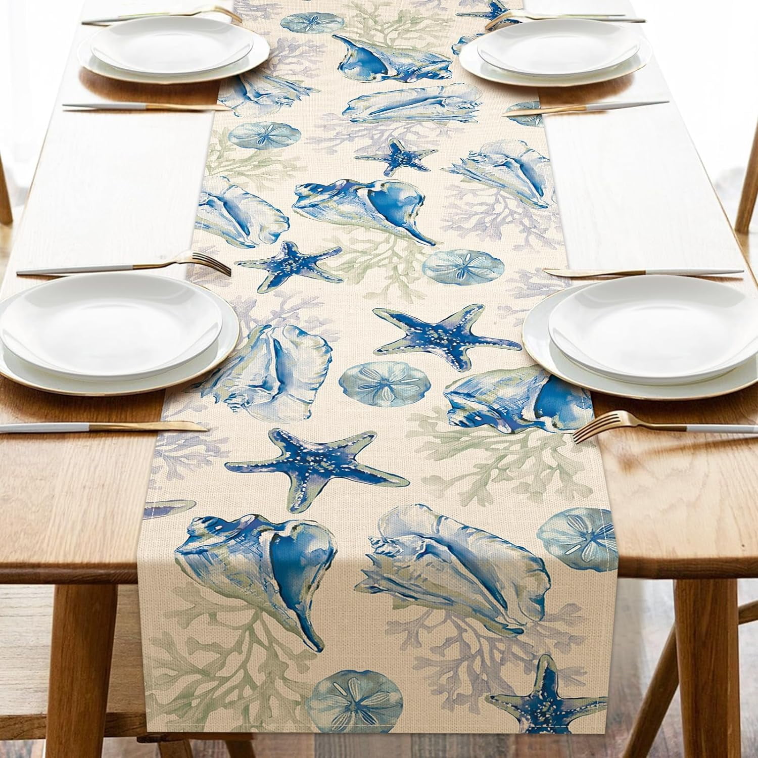 Amarainy Summer Conch Starfish Coral Table Runner, Spring Beach Coastal ...