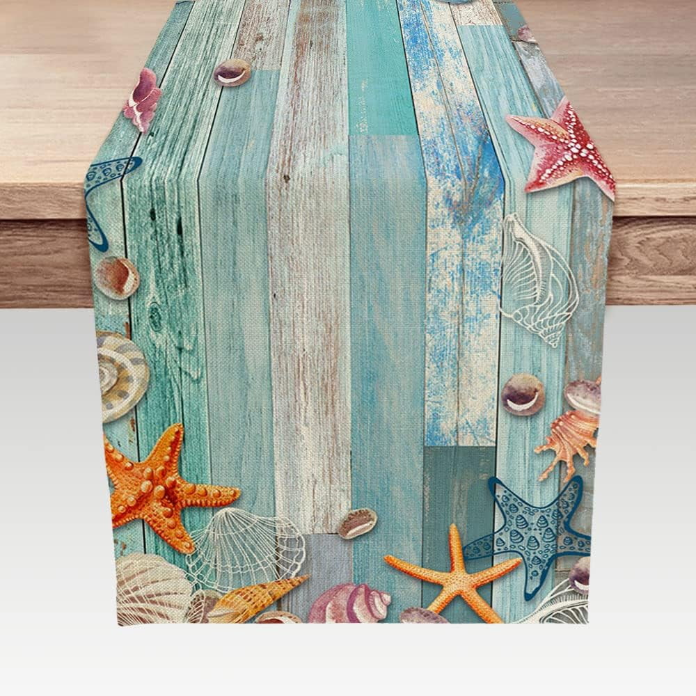 Amarainy Summer Ocean Beach Seashell Starfish Table Runner for Kitchen ...