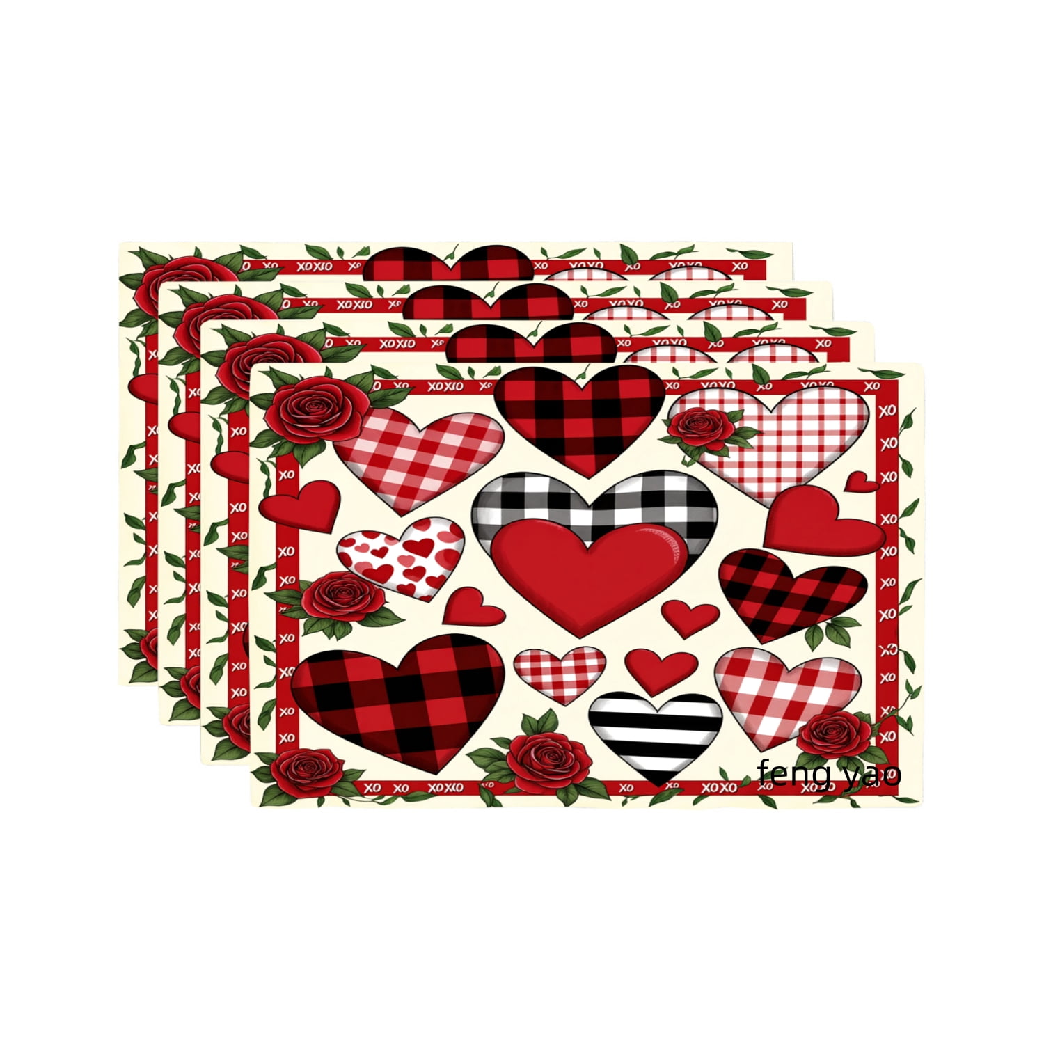 Amarainy Valentine Hearts Plaid Roses Table Mats Set of 4 for Home ...