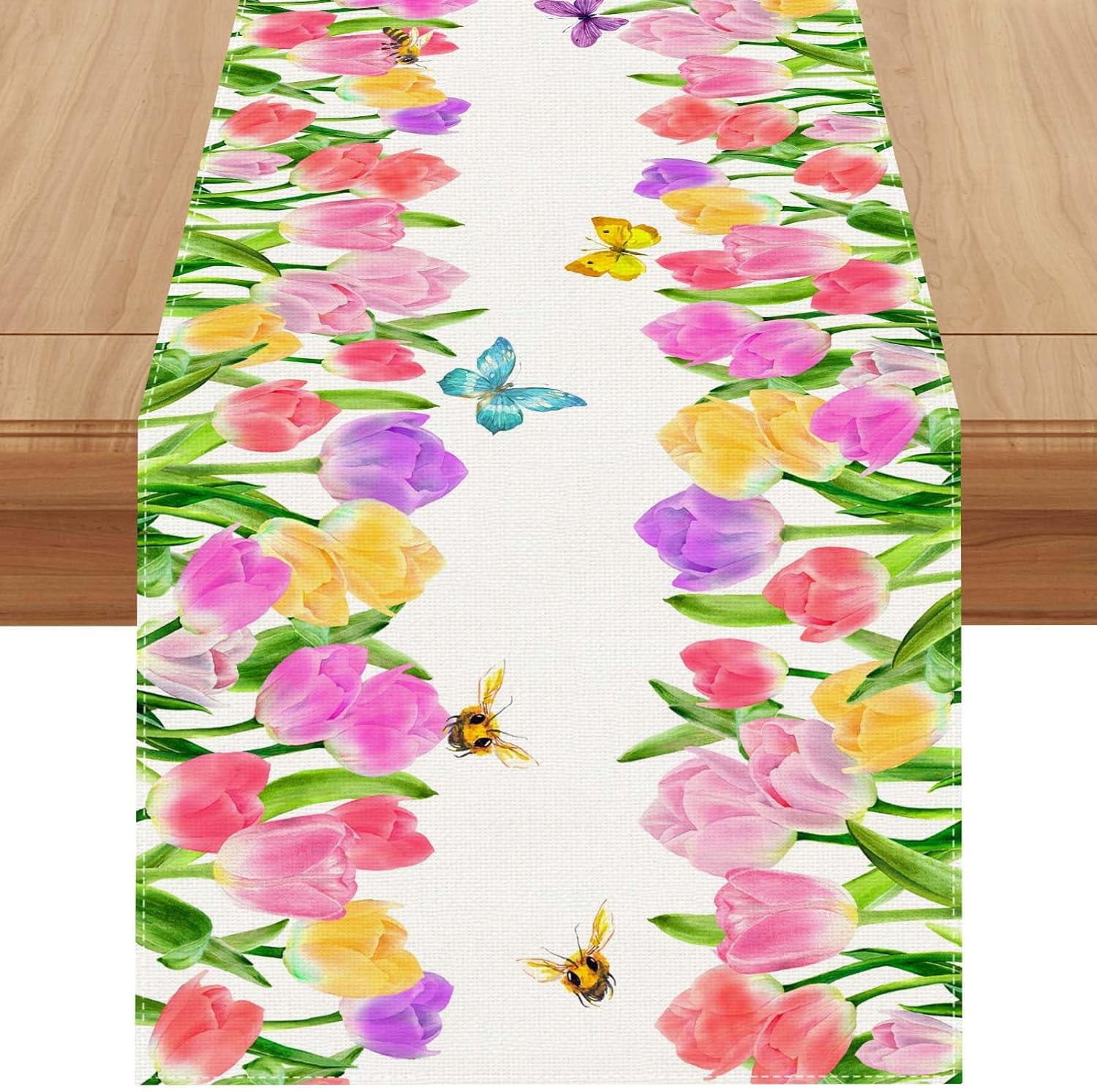 Amarainy Watercolor Tulip Butterfly Bee Spring Linen Table Runner 13x72 ...