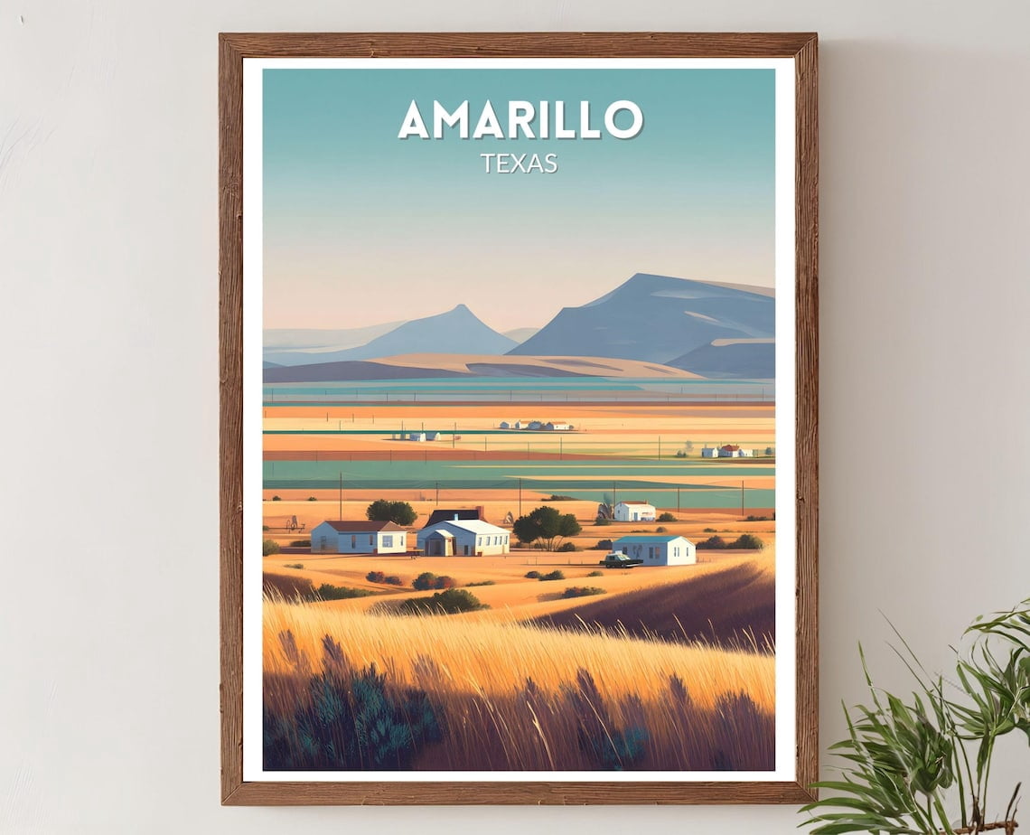Amarillo Texas Retro Travel Mid Century Modern Vintage Cityscape Art ...