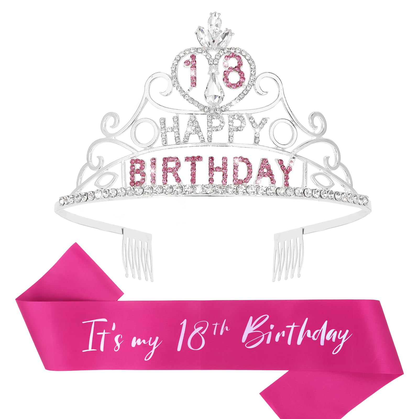Amariver 18th Birthday Crown and Sash NSD3 - Silver Tiara and Hotpink ...