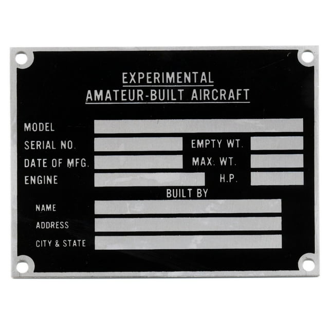 Amateur-Built/Experimental Aircraft Data Plate, Sport Aviation DPL-0116 ...