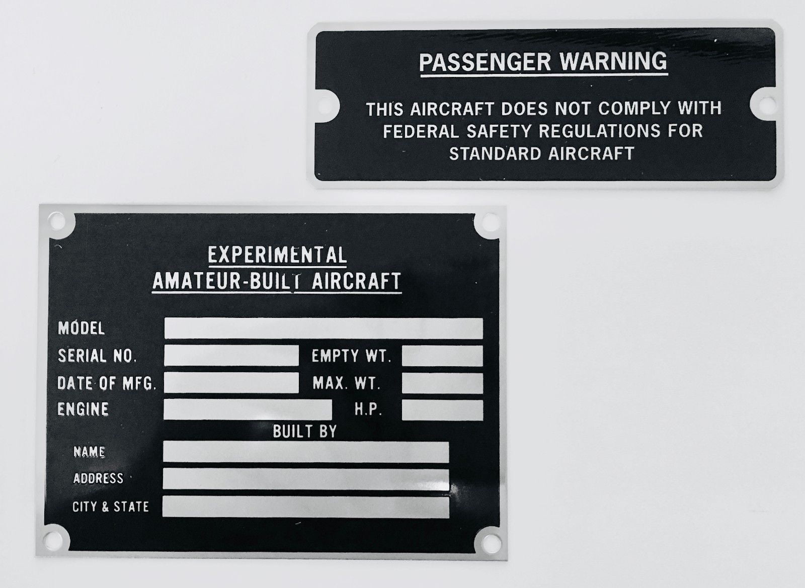 Amateur-Built/Experimental Aircraft Placard & Data Plate Grouping GRP ...