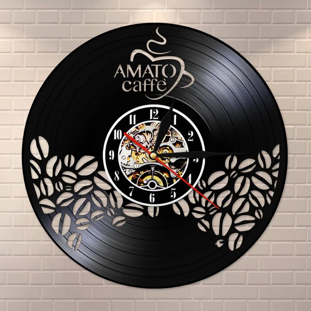 Amato Caffe Vinyl Wall Clock,Vinyl Record Clock Wall Art Black Handmade ...