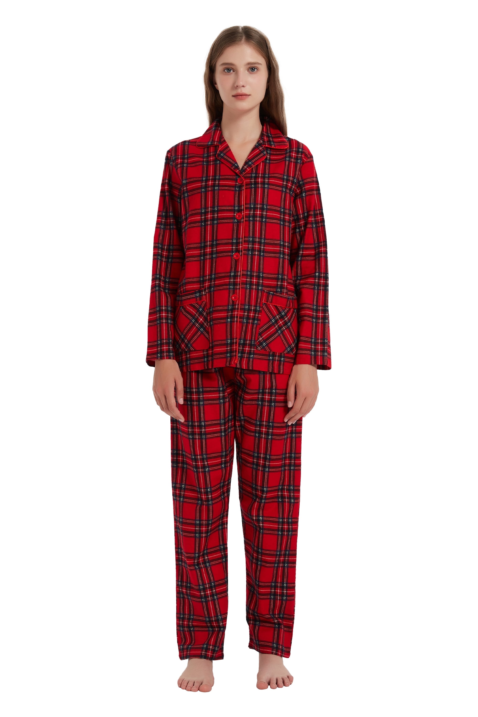 Amaxer Women's 100% Cotton Cozy Flannel Pajama Set - Long Sleeve Button ...