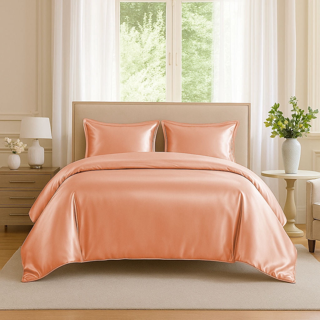 Amay Satin Silk Texas King Duvet Cover Set (102"×110",Peach ) – Ultra ...