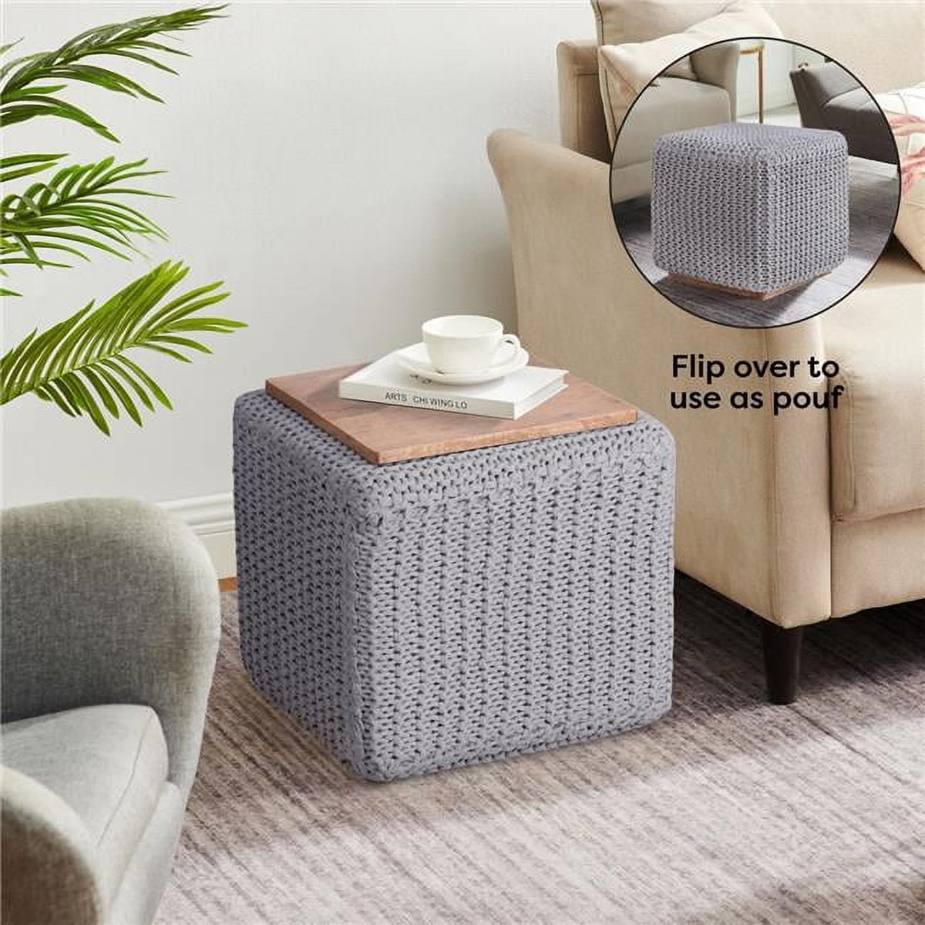 Amayah 3-in-1 Square Pouf/Ottoman/End Table, Light Grey - Walmart.com