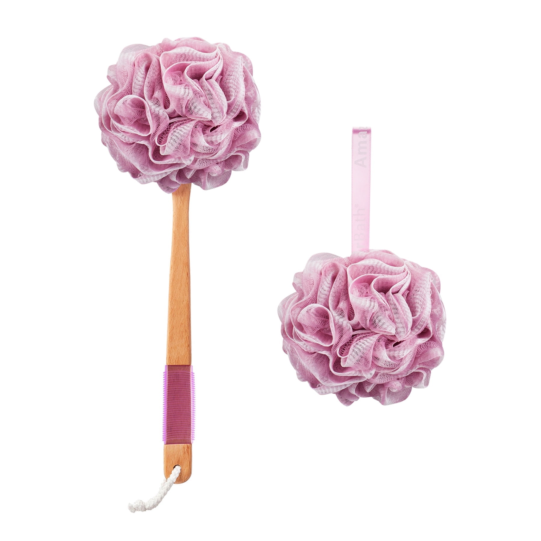 AmazerBath Exfoliating Foam Loofah with Natural Wooden Handle, Soft PE ...