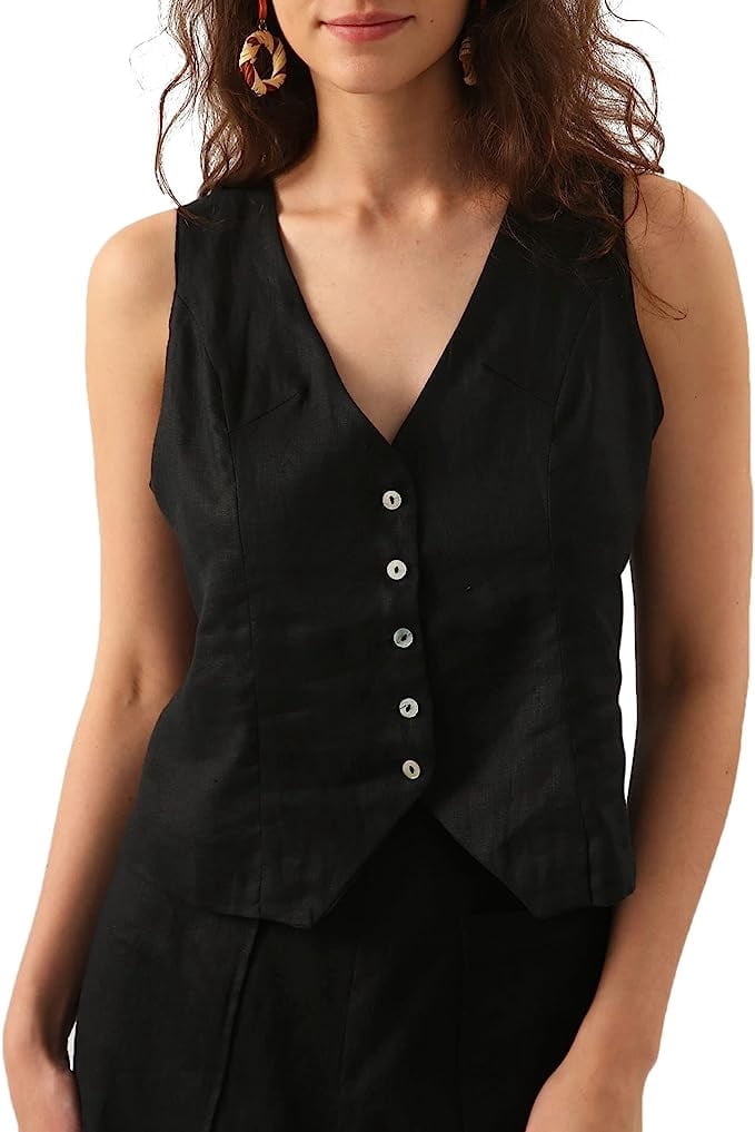 Amazhiyu Womens Pure Linen Sleeveless Button Down V Neck Crop Top ...