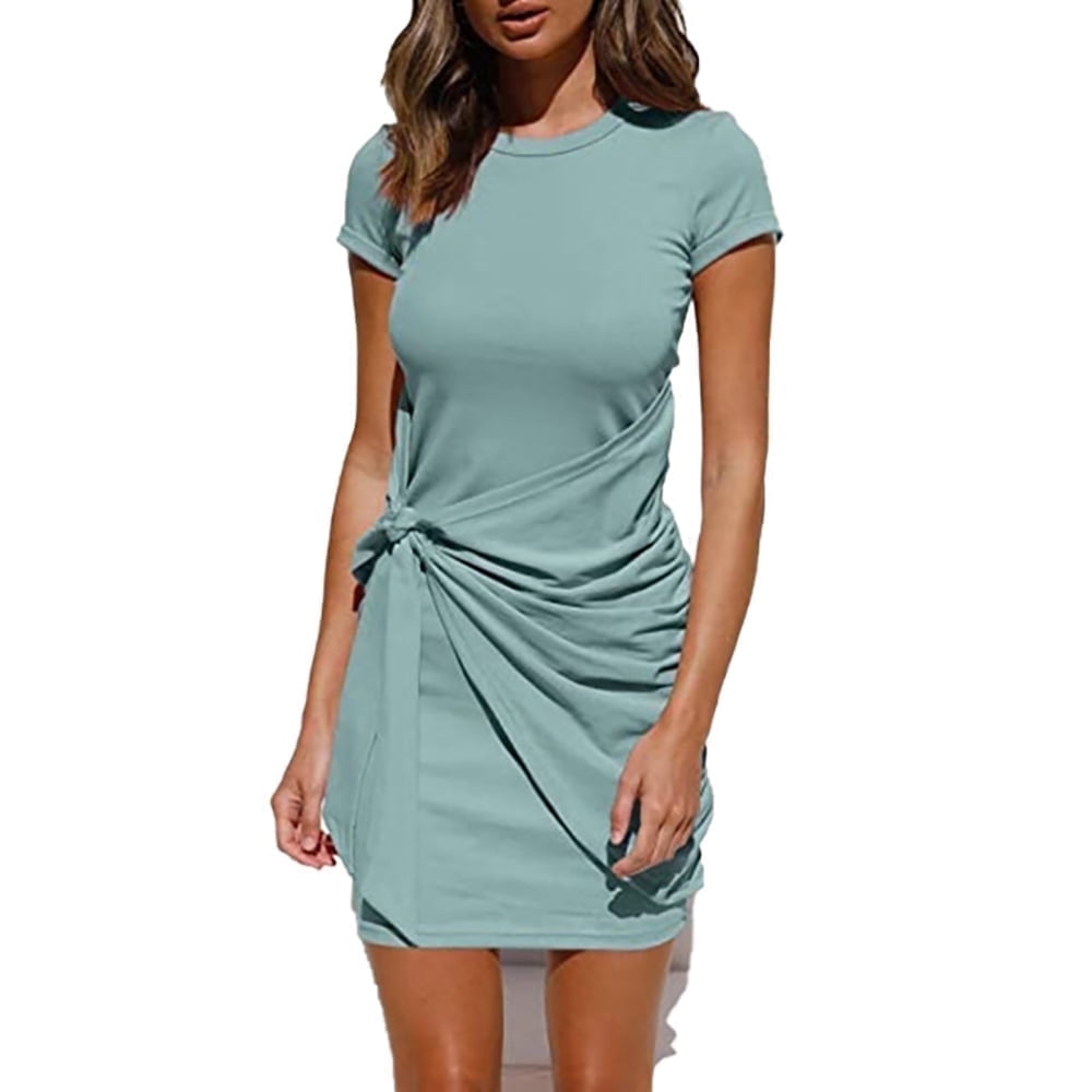 Amazhiyu Womens Short Sleeve Round Neck Mini Dresses Tie Front Wrap ...
