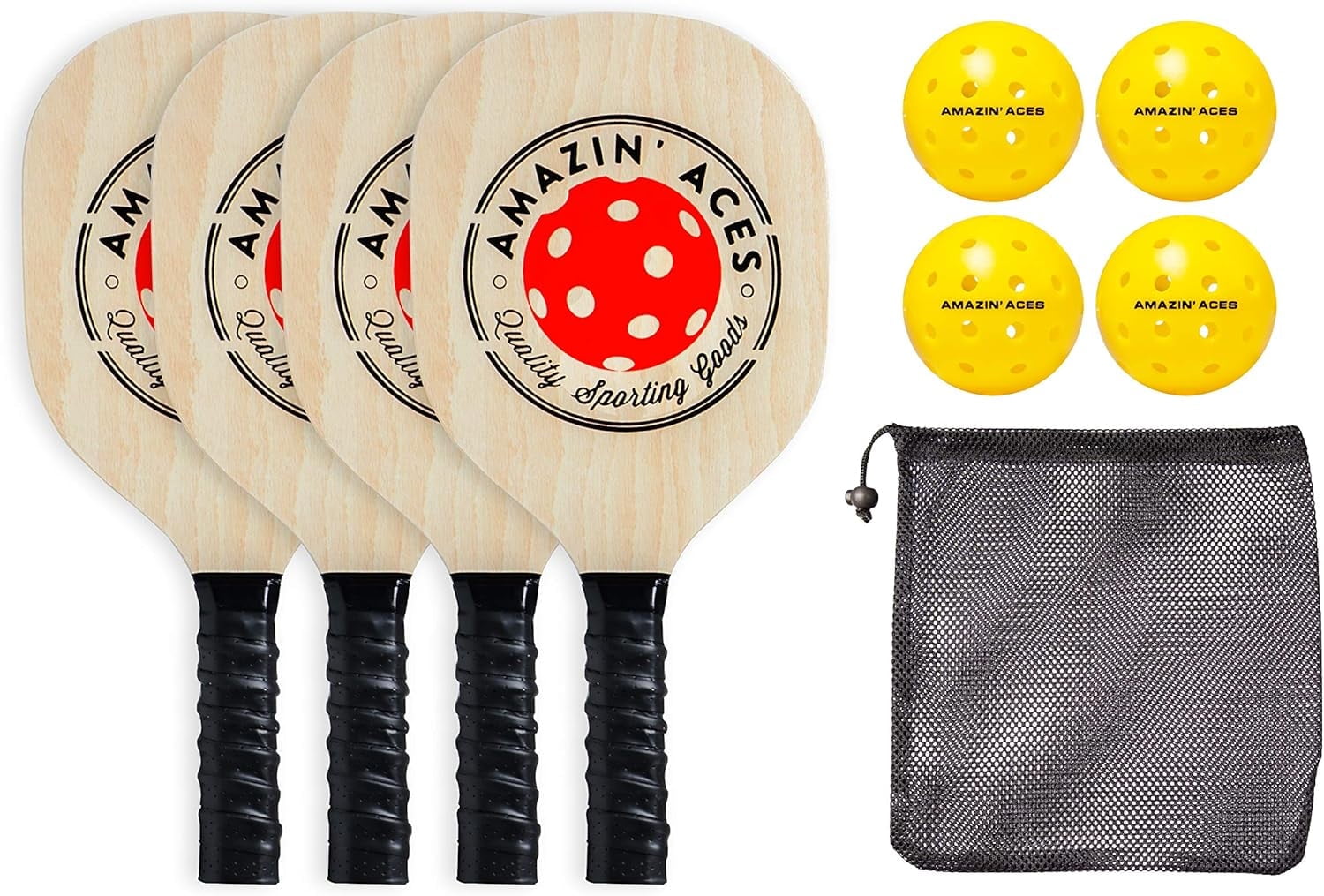 Amazin' Aces Wood Pickleball Set with 4 Wooden Paddles, 4 Balls, and ...