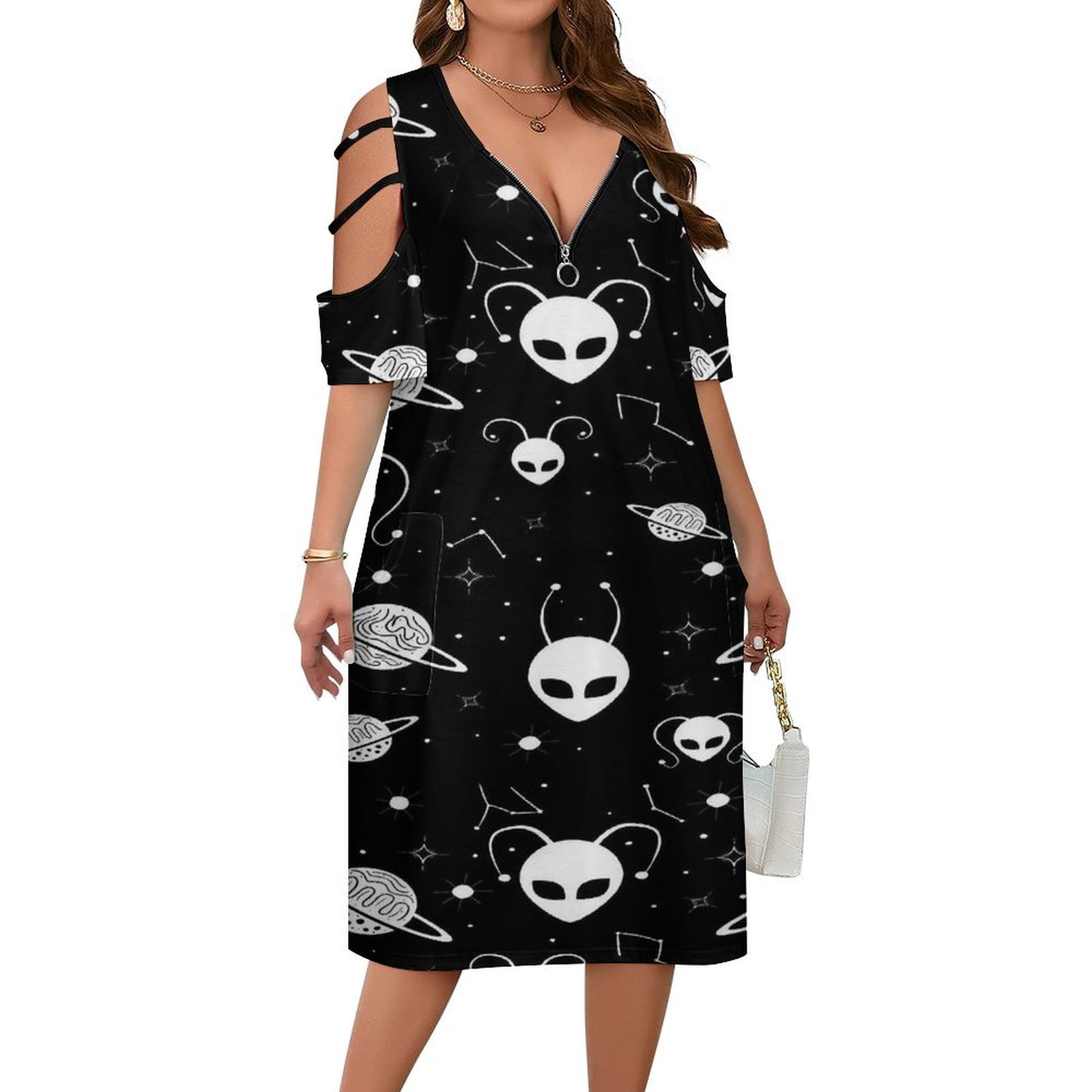 Amazing Aliens In The Universe With Planet And Stars Zipper V Neck ...