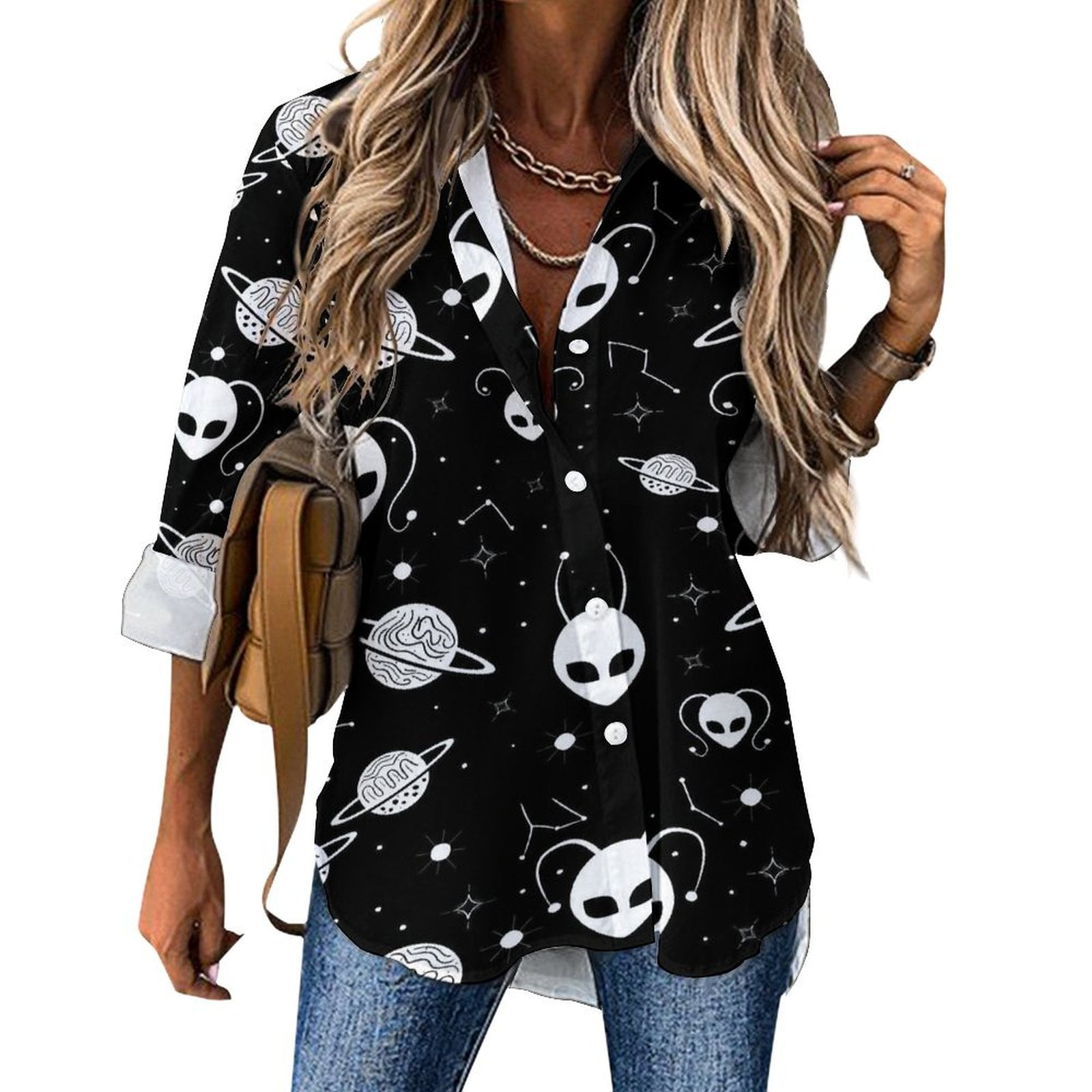 Amazing Aliens In The Universe With Planet And Stars Women's Button ...