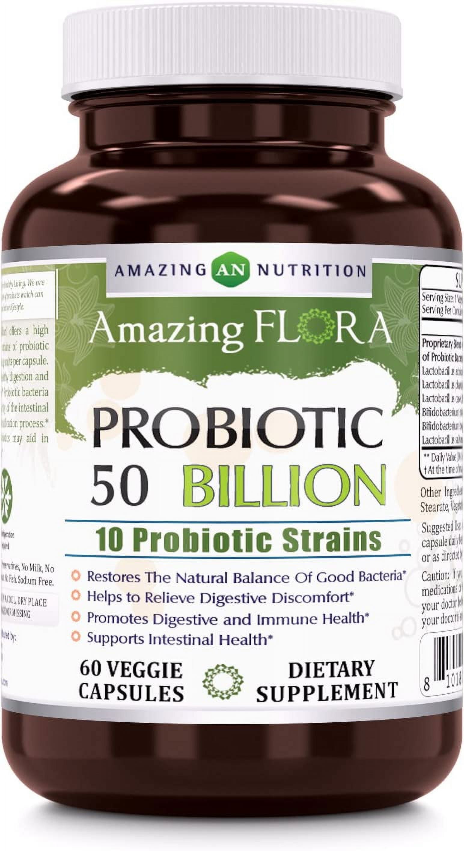 Amazing Flora Probiotic 10 Best Probiotics Strains 50 Billion 60 Veggie ...