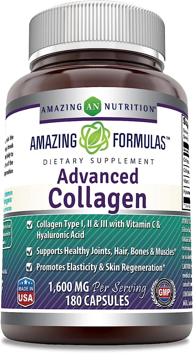 Amazing Formulas Collagen 1600mg, 180 Caps, Type I, II & III, Vitamin C ...