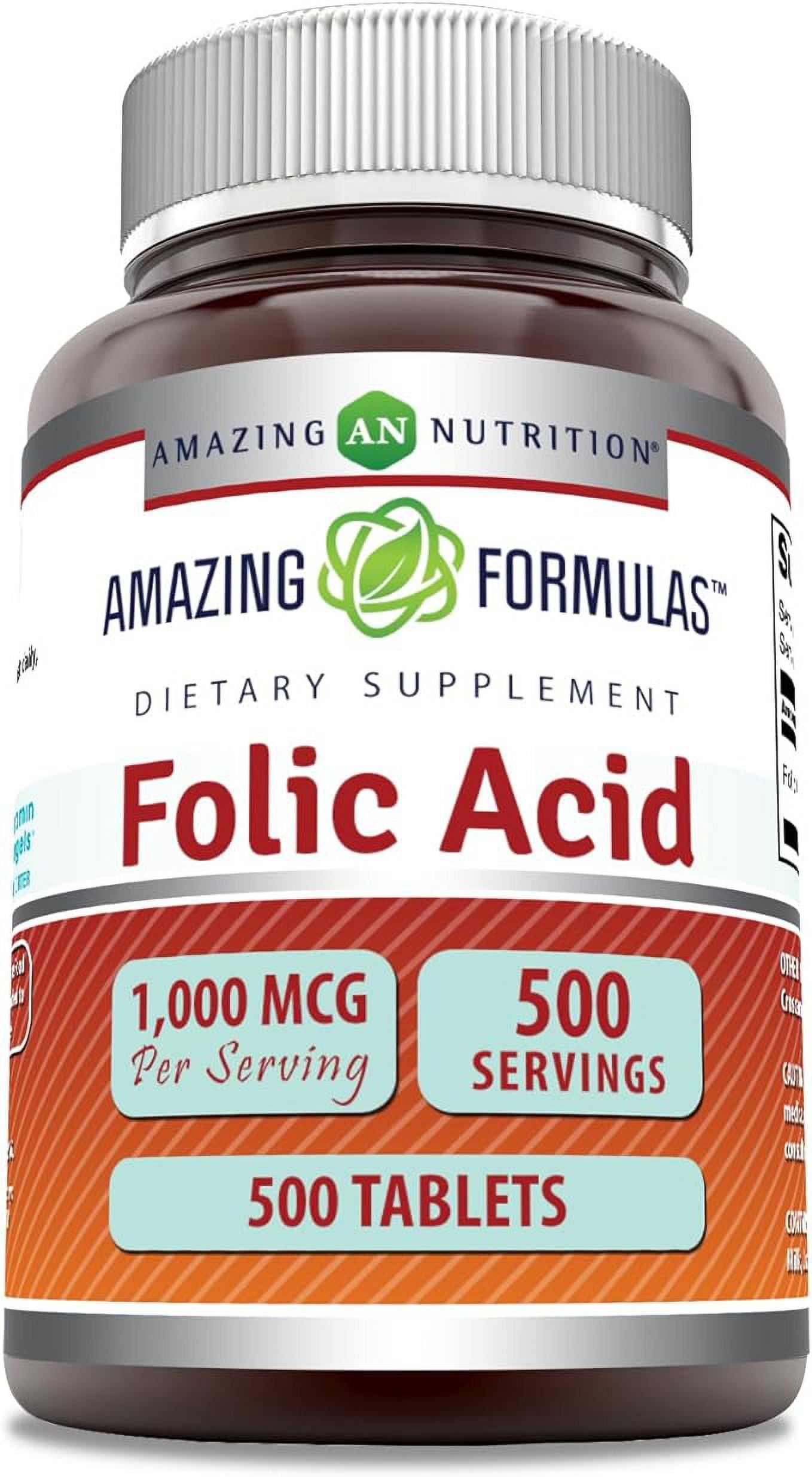 Amazing Formulas Folic Acid 1000 mcg, 500 Tablets, Vitamin B9, Non-GMO ...