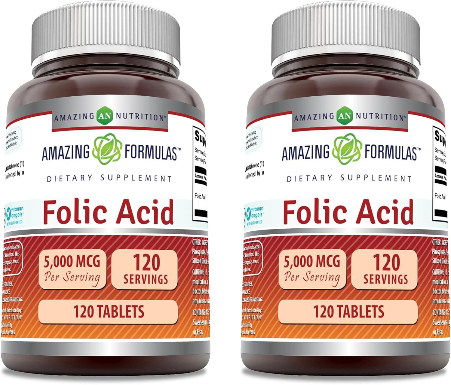 Nutrition Folic Acid Supplement, 5000 mcg (5 mg), Pack of 2, Non-GMO ...