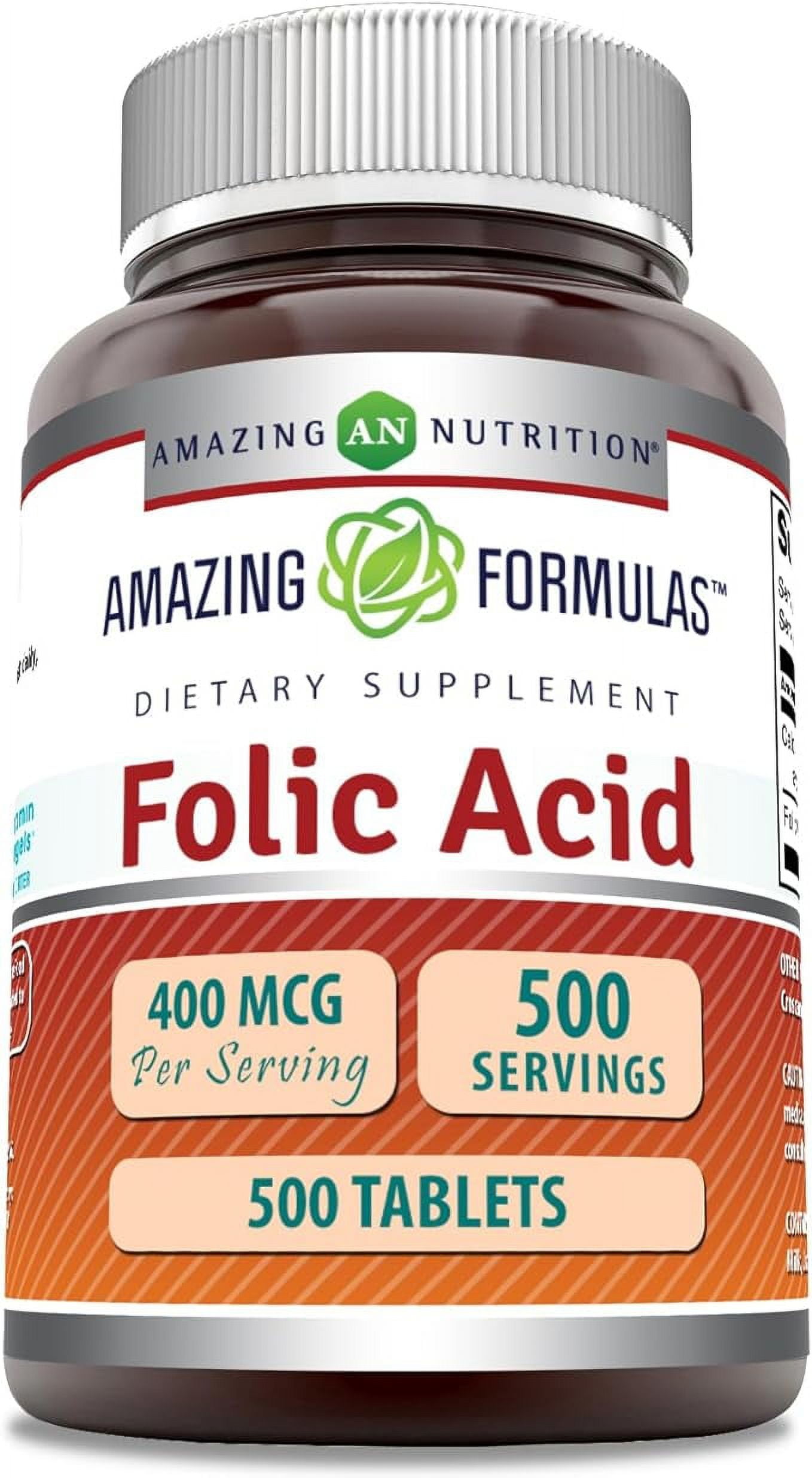 Amazing Formulas Folic Acid (Vitamin B9) 400 mcg, 500 Tablets | Non-GMO ...
