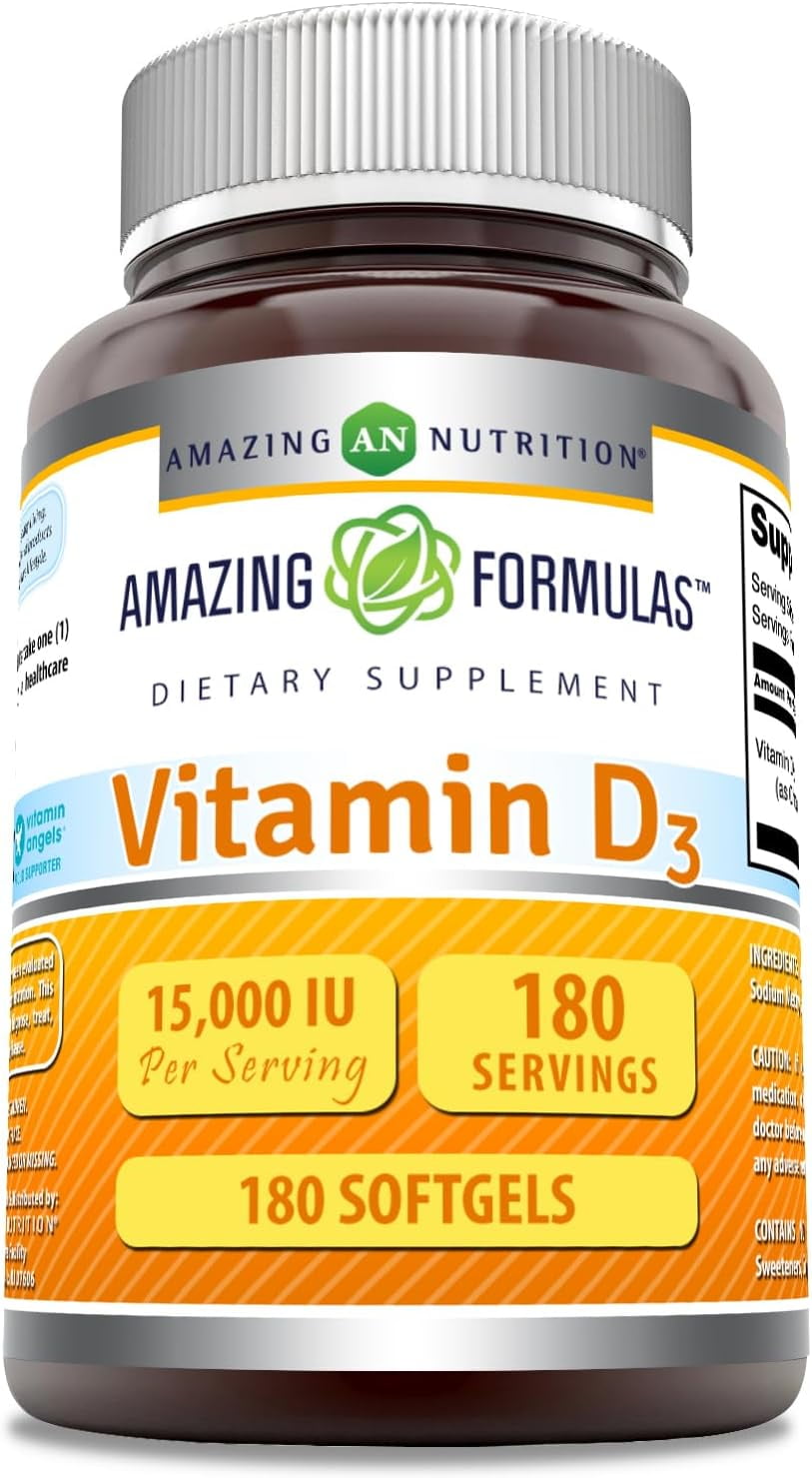 Amazing Formulas Vitamin D3 15000 IU Per Serving 180 Softgels Supplement | Non-GMO | Gluten Free ...