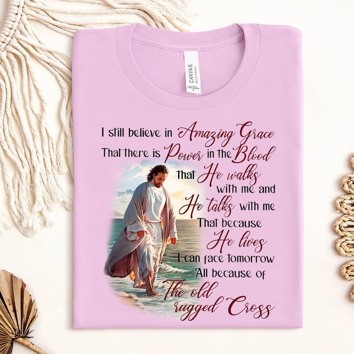 Amazing Grace Christian T-shirt | Inspirational Jesus Walking Design with Old Rugged Cross Hymn ...