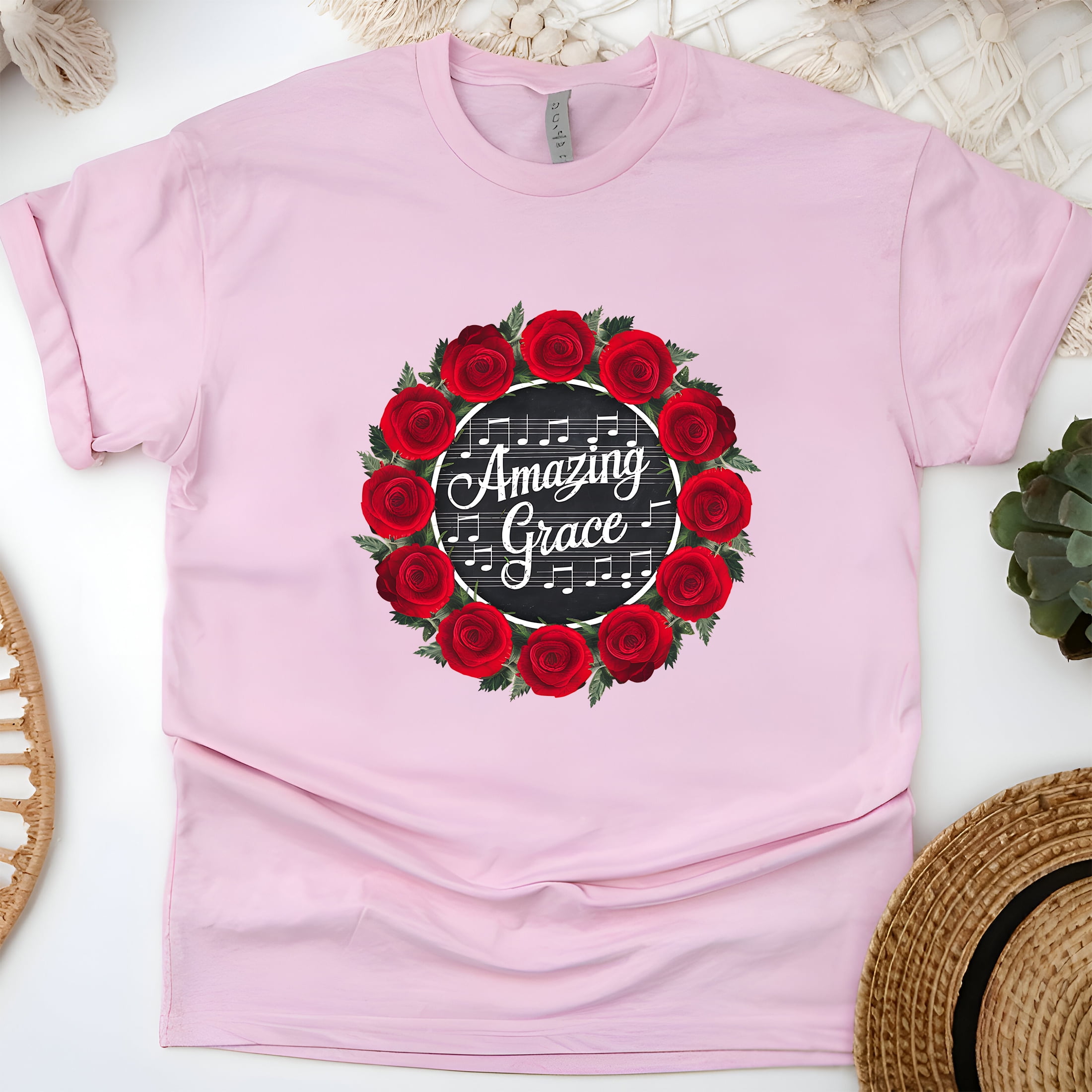 Amazing Grace Shirt | Red Roses Christian Hymn Tee , Light Pink, Size M ...