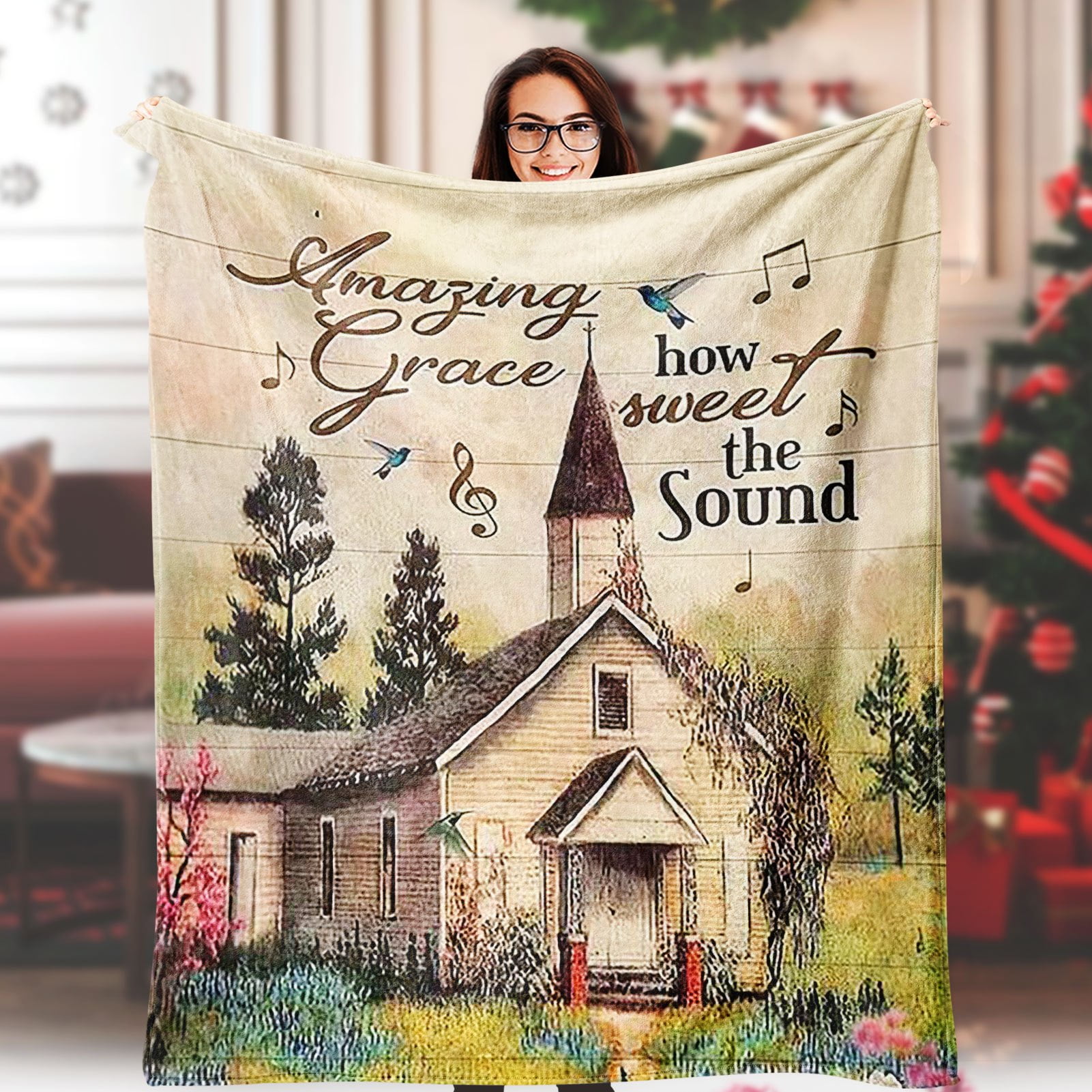 Amazing Grace & Sweet Sound Church Print Throw Blanket Cozy Flannel ...