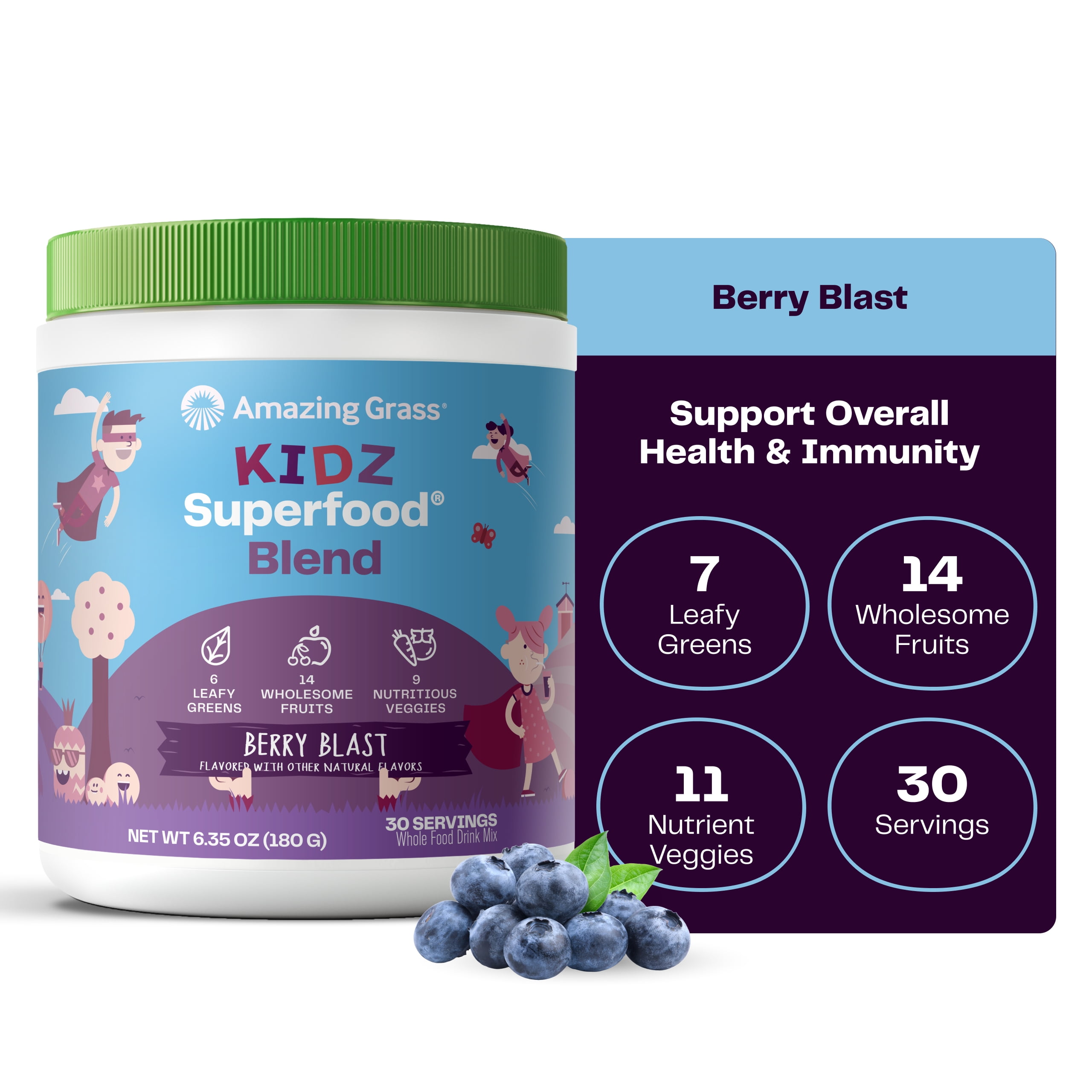 Amazing Grass Kidz Superfood Powder, Berry Blast, 6.35 oz, 30 Servings ...