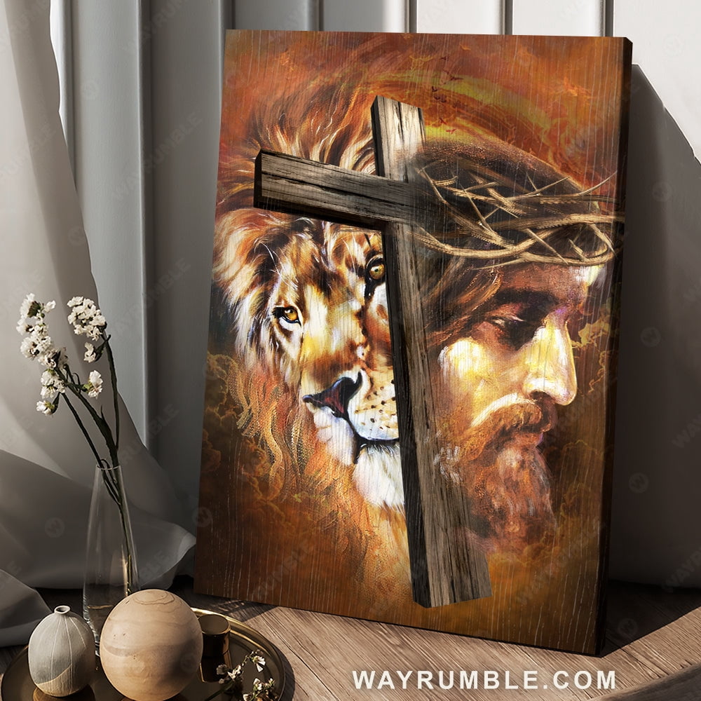 Amazing Jesus Painting, Lion Of Judah, Crown Of Thorns, Wooden Cross ...