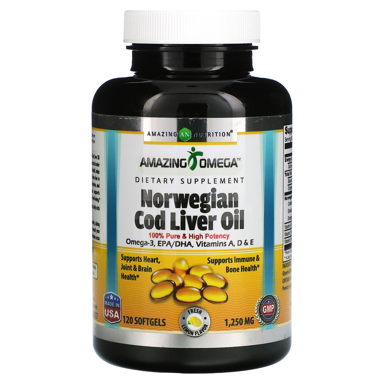 Amazing Nutrition, Norwegian Cod Liver Oil, Lemon, 1,250 mg, 120 ...