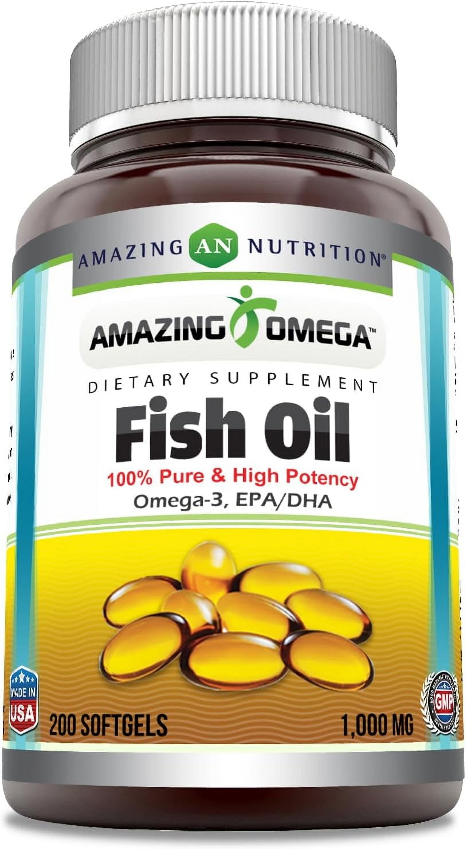 Amazing Omega Fish Oil 1000 mg, 200 Softgels, Omega-3, 180 mg EPA, 120 ...