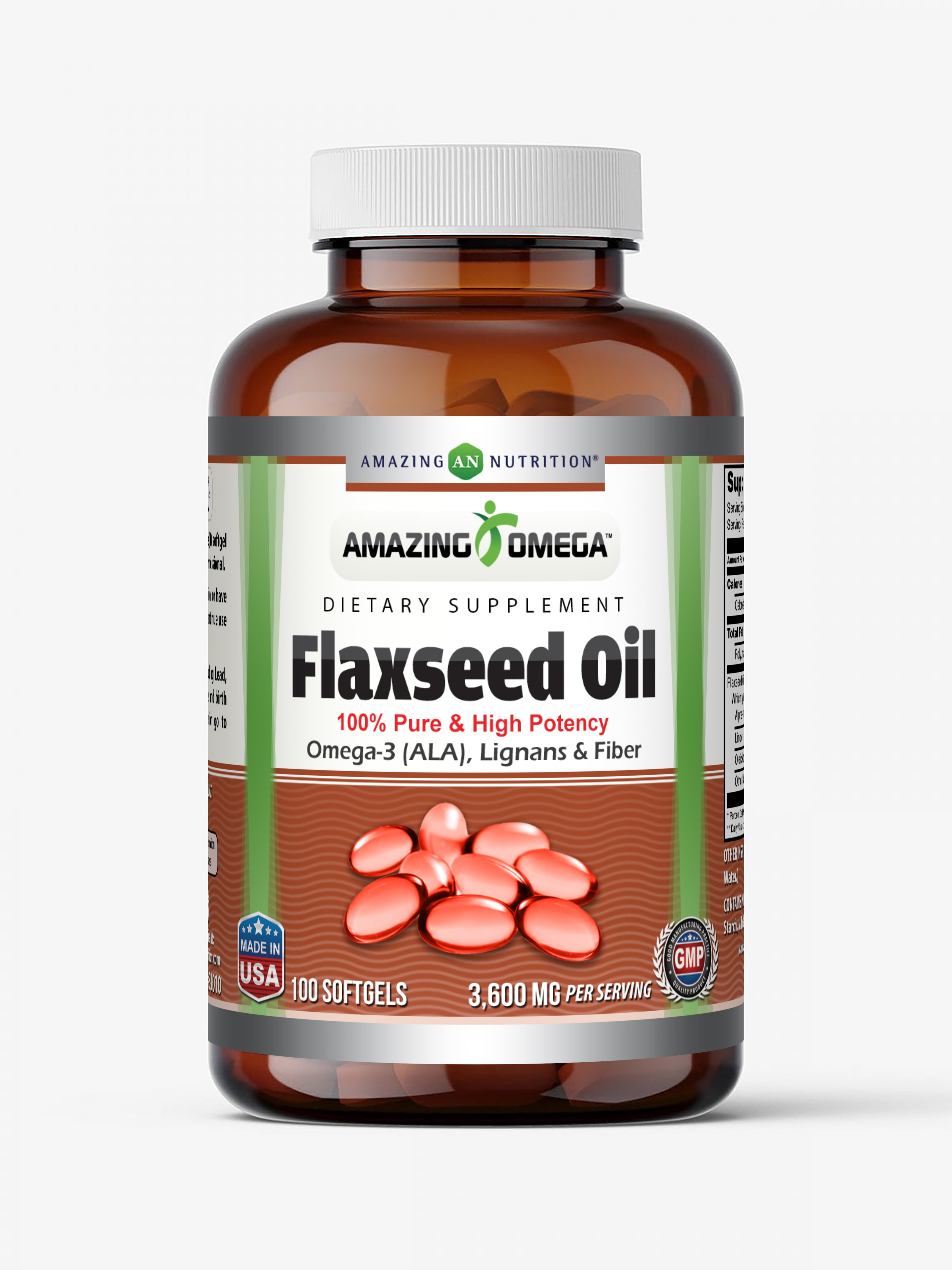 Amazing Omega Flaxseed Oil 3600mg Per Serving 100 Softgel Supplement ...