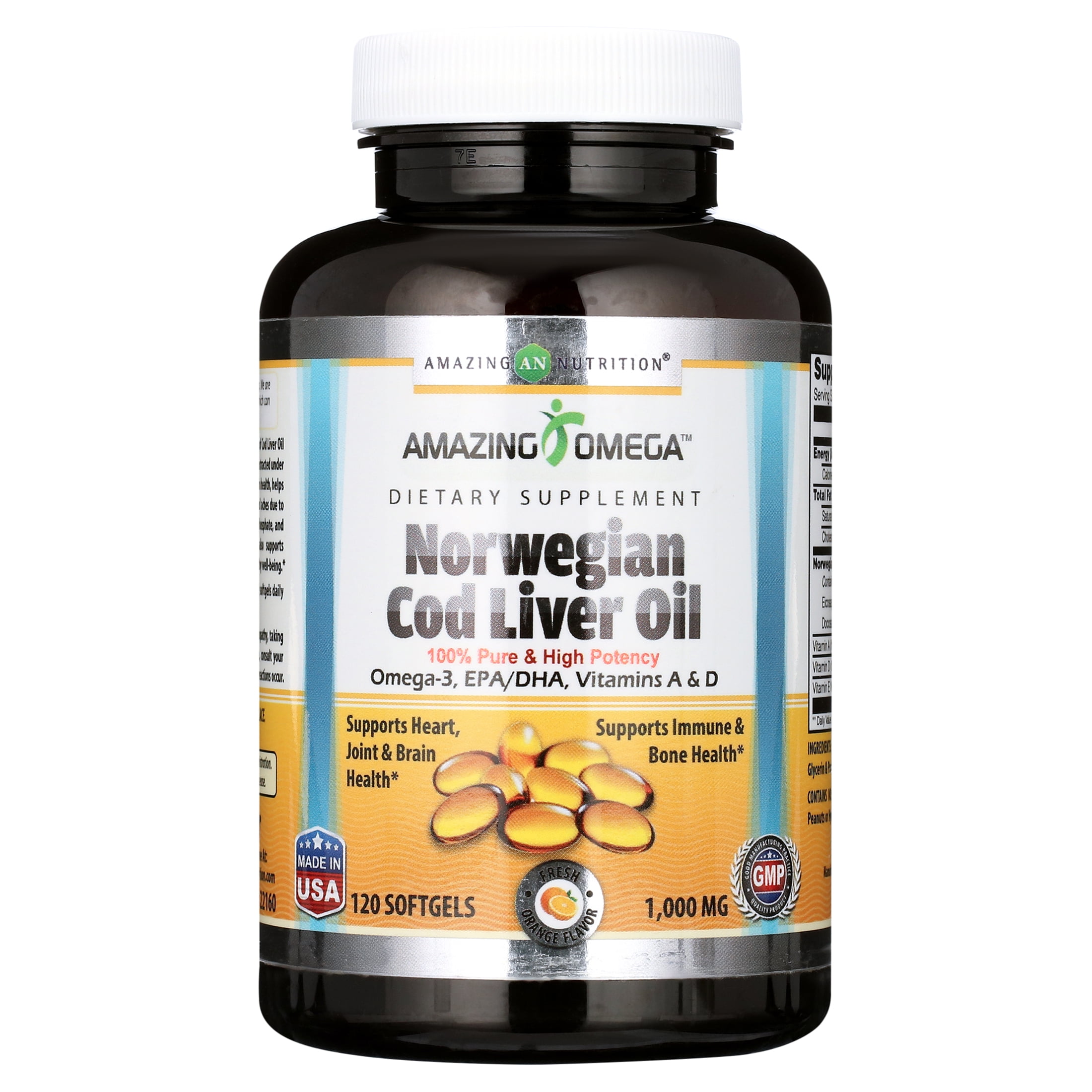 Amazing Omega Norwegian Cod Liver Oil 1000 mg, 120 Fish Gel Capsules ...