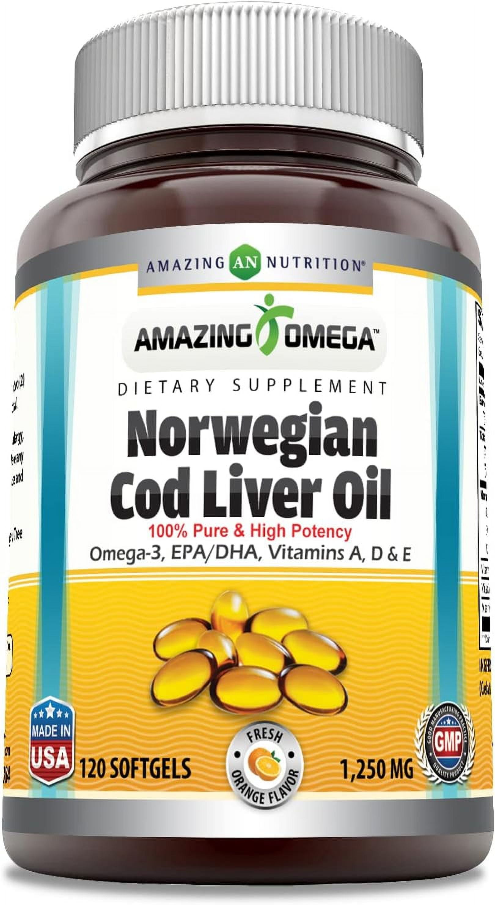 Amazing Nutrition Cod Liver Oil Softgels, 1250 Mg, Orange Flavor, Omega ...