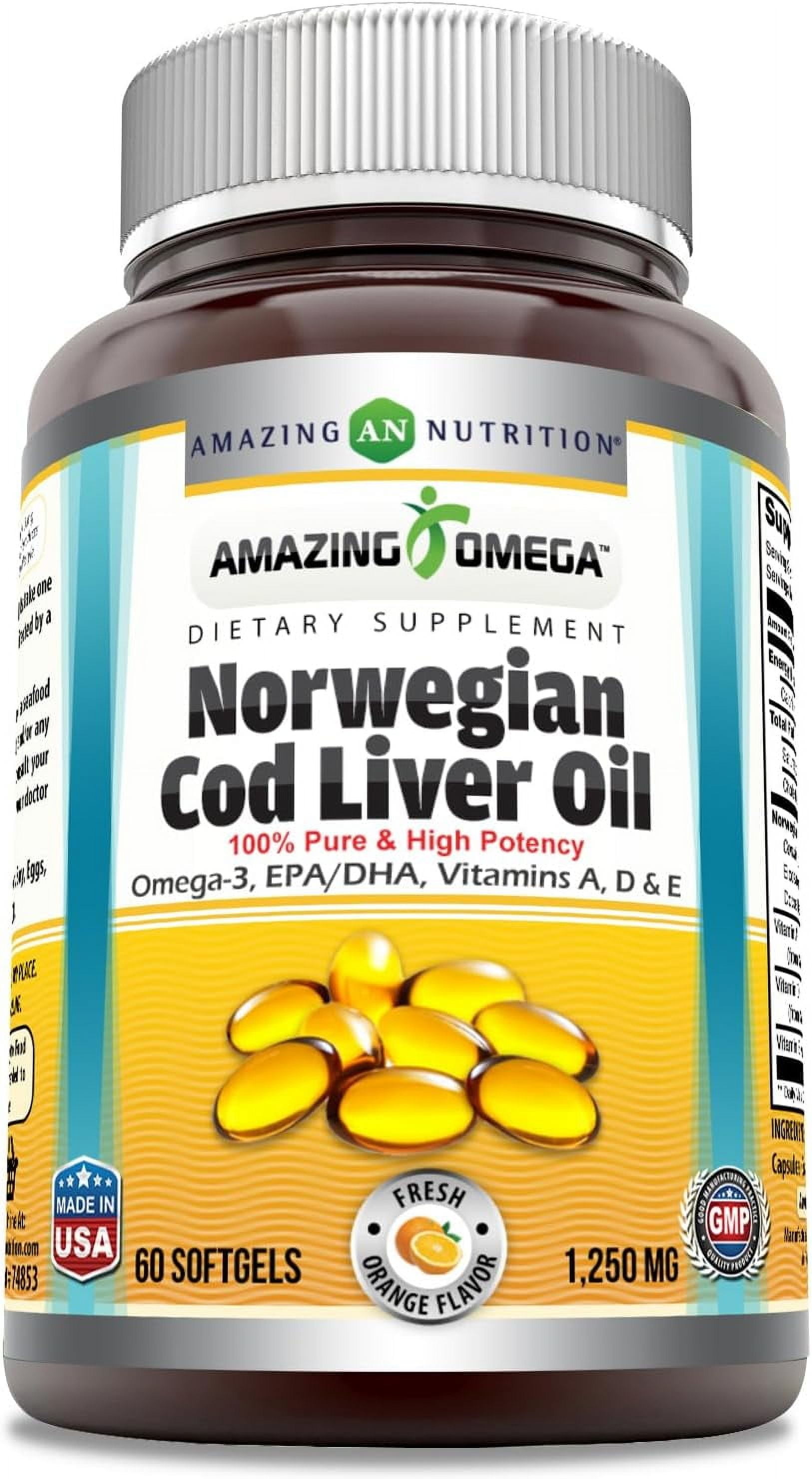 Amazing Omega Norwegian Cod Liver Oil 1250 Mg Per Serving 60 Softgels ...