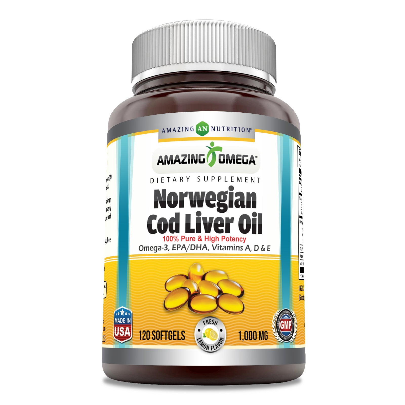Amazing Omega Norwegian Cod Liver Oil, Lemon Flavor, 1000 Mg, 120 ...