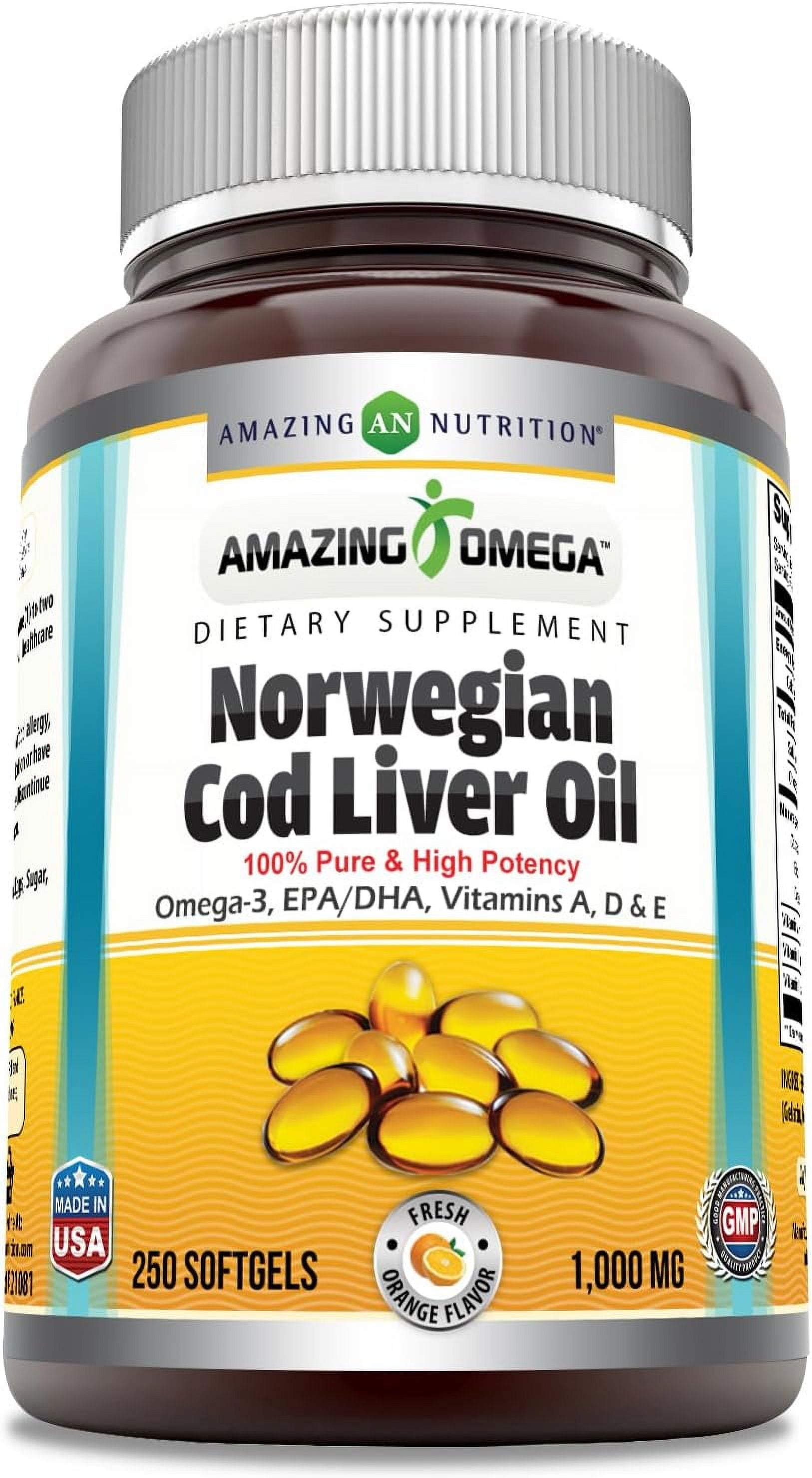 Amazing Omega Norwegian Cod Liver Oil, 1000mg, 250 Softgels, Orange ...