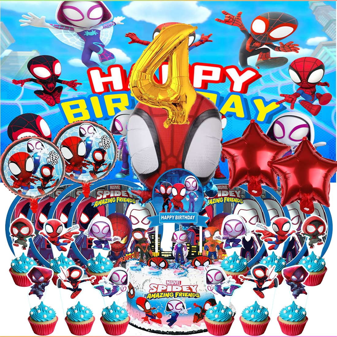 Amazing spidy and friends 4th Tableware Balloons Cake Toppers Backdrop ...