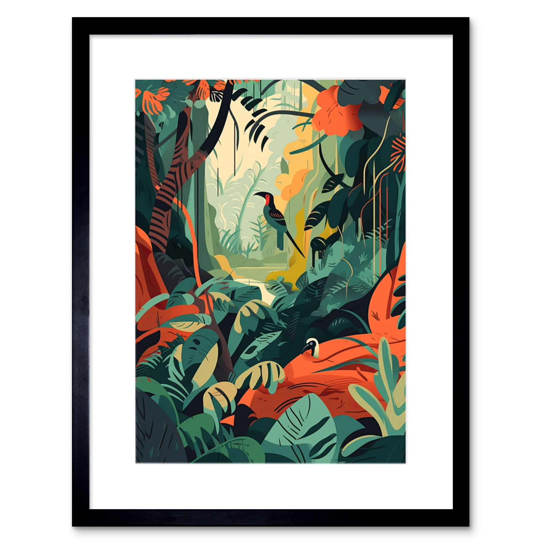 Amazon Rainforest Diverse Flora and Tropical Birds Artwork Framed Wall ...